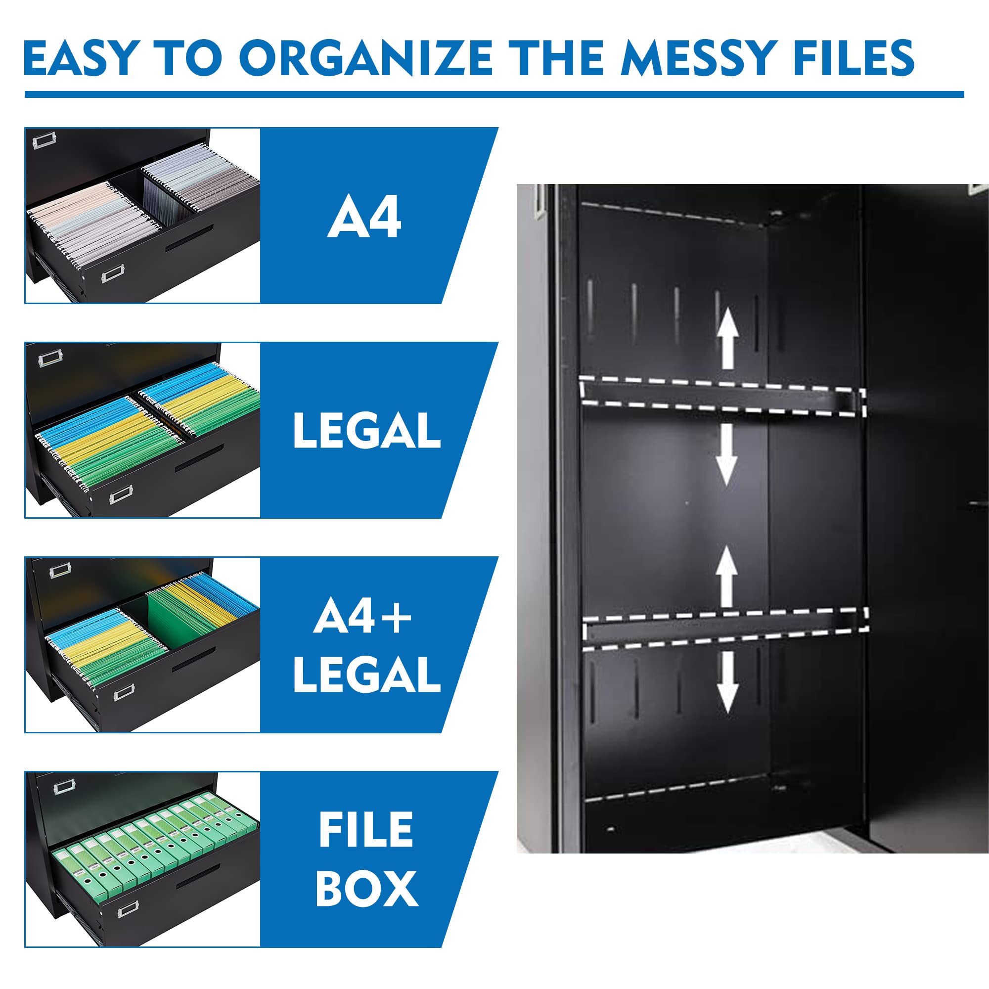 BYNSOE File Cabinet with Lock 3 Drawer Lateral File Cabinets for Legal/Letter A4 Size Metal Filing Cabinet for Office Home Requires Assembly(3 Drawers, Black)