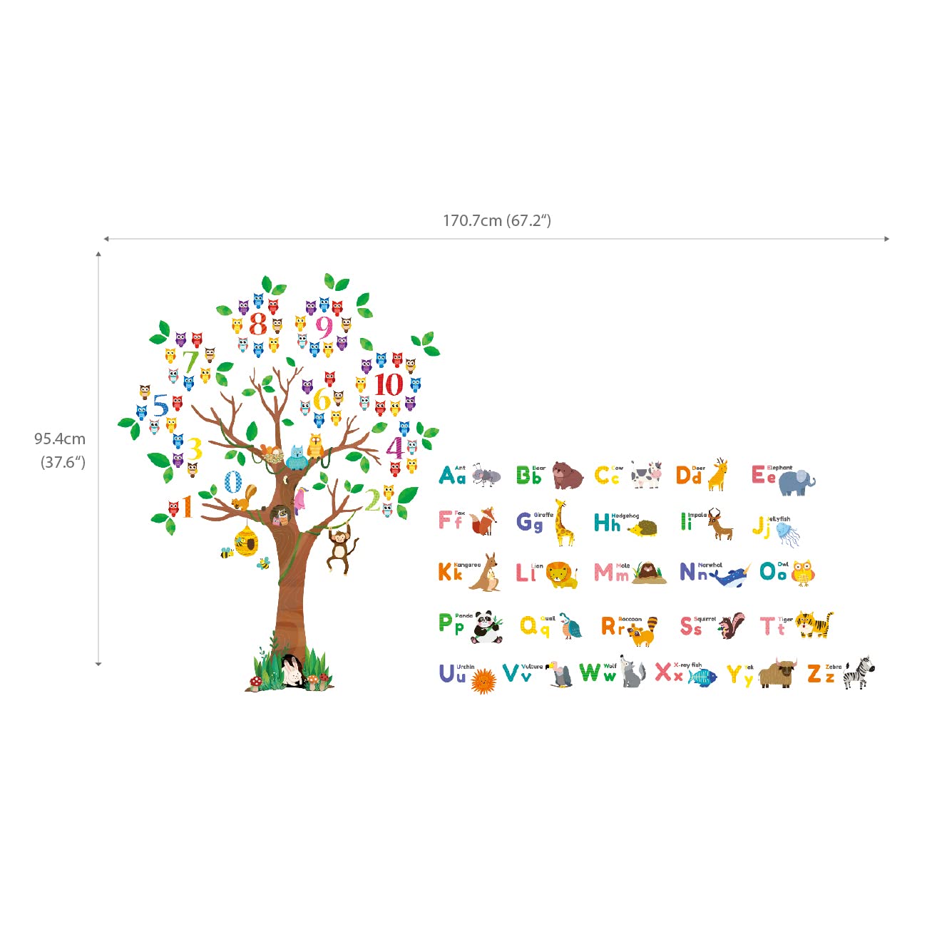 DECOWALL BS-113 Number Tree Alphabet Wall Stickers Kids Decals Nursery Bedroom Peel and Stick Removable Animal Living ABC Classroom