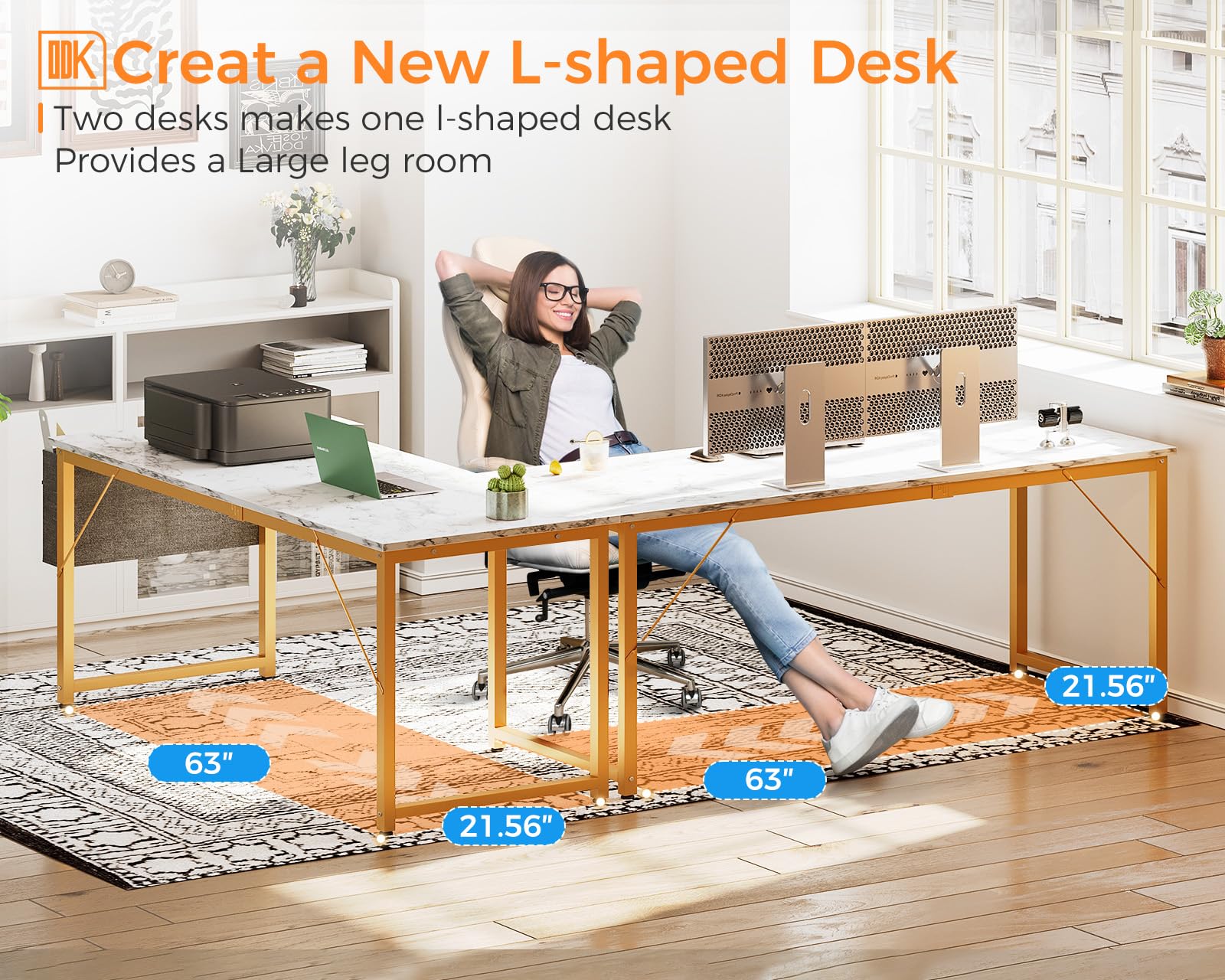 ODK Computer Desk Large Office Desk, 63 Inch Gaming Desk with Storage, Modern PC Desk Work Table with Headphone Hook for Home Office, Spliced Board, White + White Leg