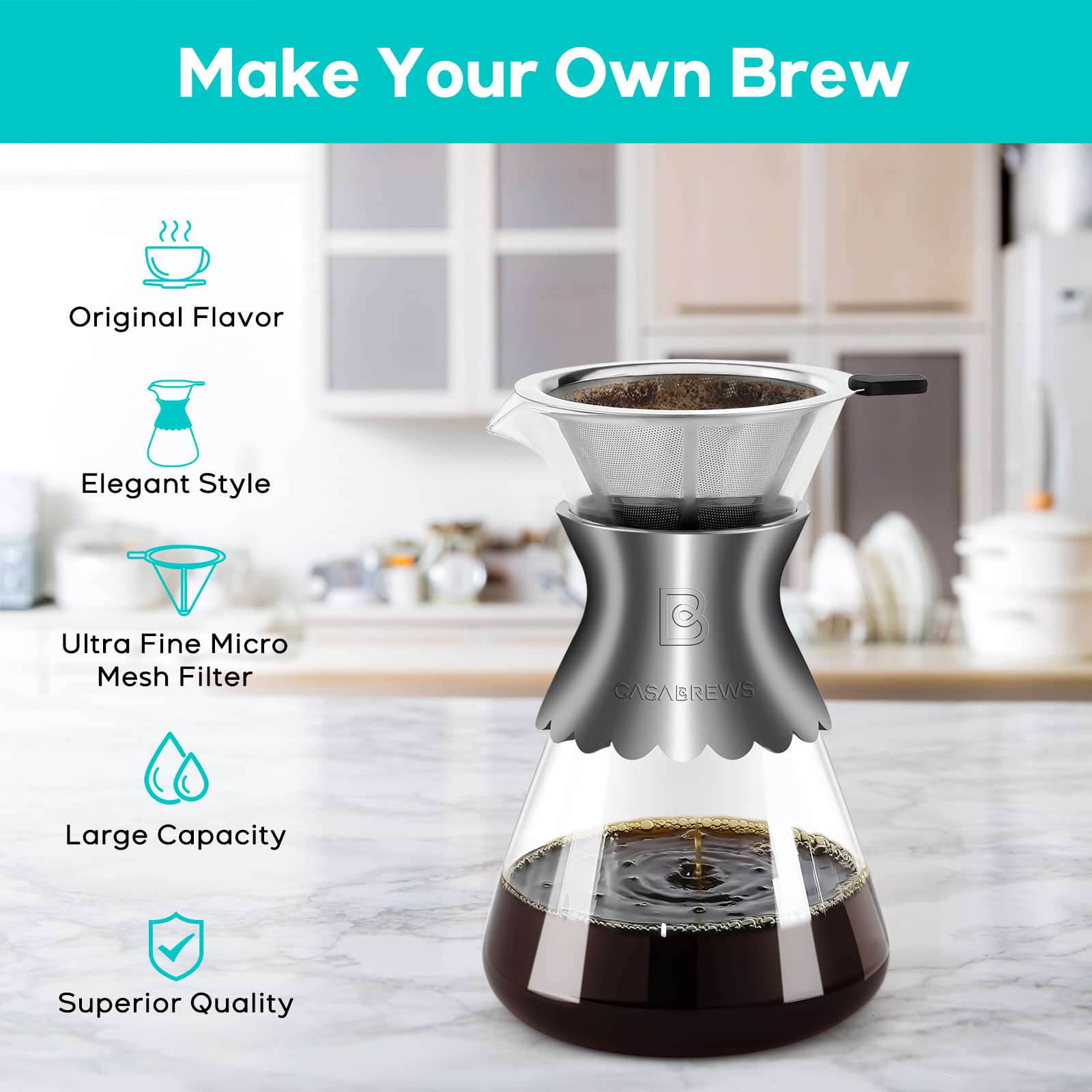 CASABREWS Pour Over Coffee Maker, Coffee Dripper Brewer with Reusable Stainless Steel Filter, 8 Cup Heat Resistant Glass Coffee Carafe, Elegant Coffee Brewer, Black