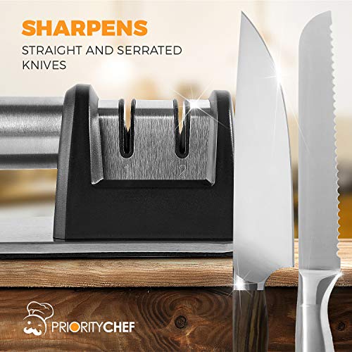 PriorityChef Knife Sharpener for Straight and Serrated Knives, 2-Stage Diamond Coated Wheel System, Sharpens Dull Knives Quickly, Safe and Easy to Use
