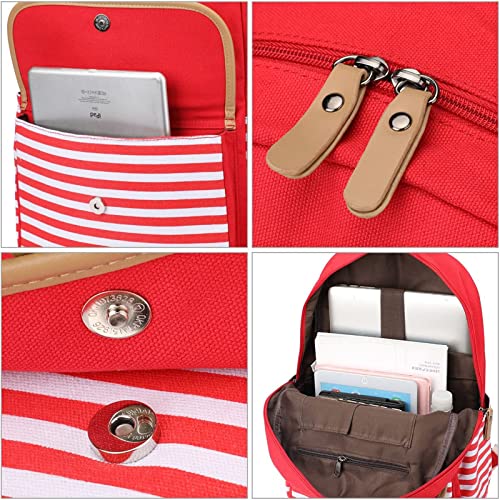 Joyfulife School Backpacks for Teen Girls Lightweight Canvas Backpack Stripe Backpack Kids Bookbags Set 3 in 1 (Red)