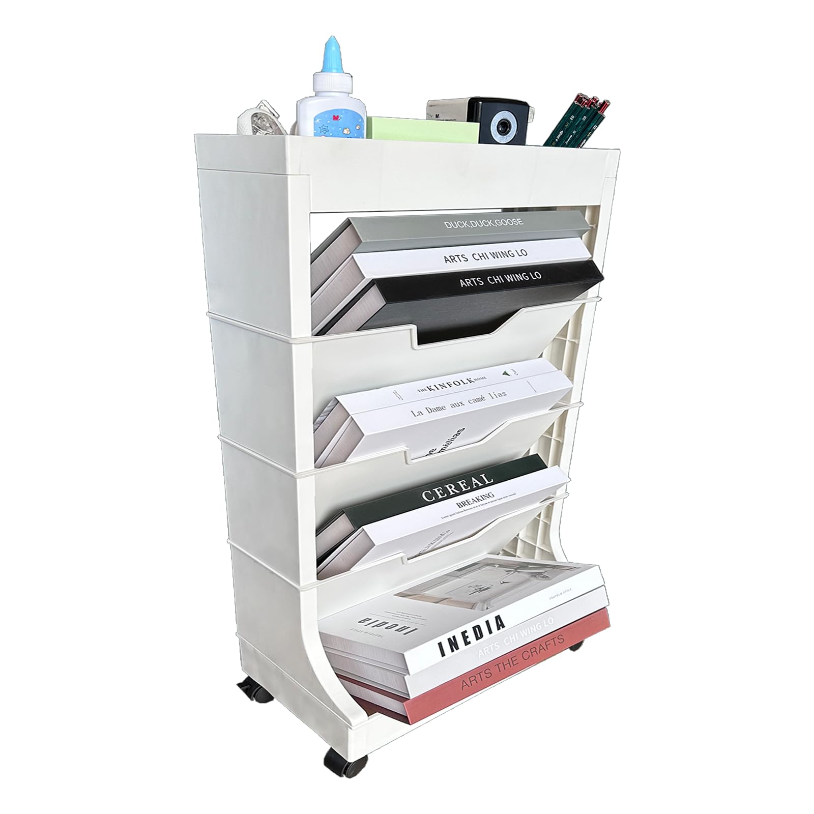 Drcoevo 5 Tier Rolling Book Utility Cart, Removable Movable Bookshelf Organizer with Wheels, Storage Book Shelves, Book Rack, Mobile White Bookcase for Study in Classroom Home School Office
