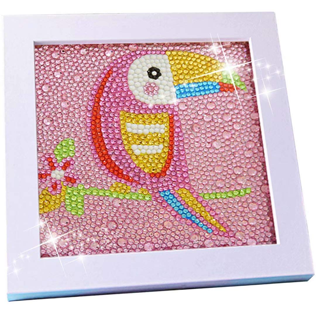 OLLULL Kids Diamond Painting Mosaic Sticker Art Kits with Wooden Frame Parrot