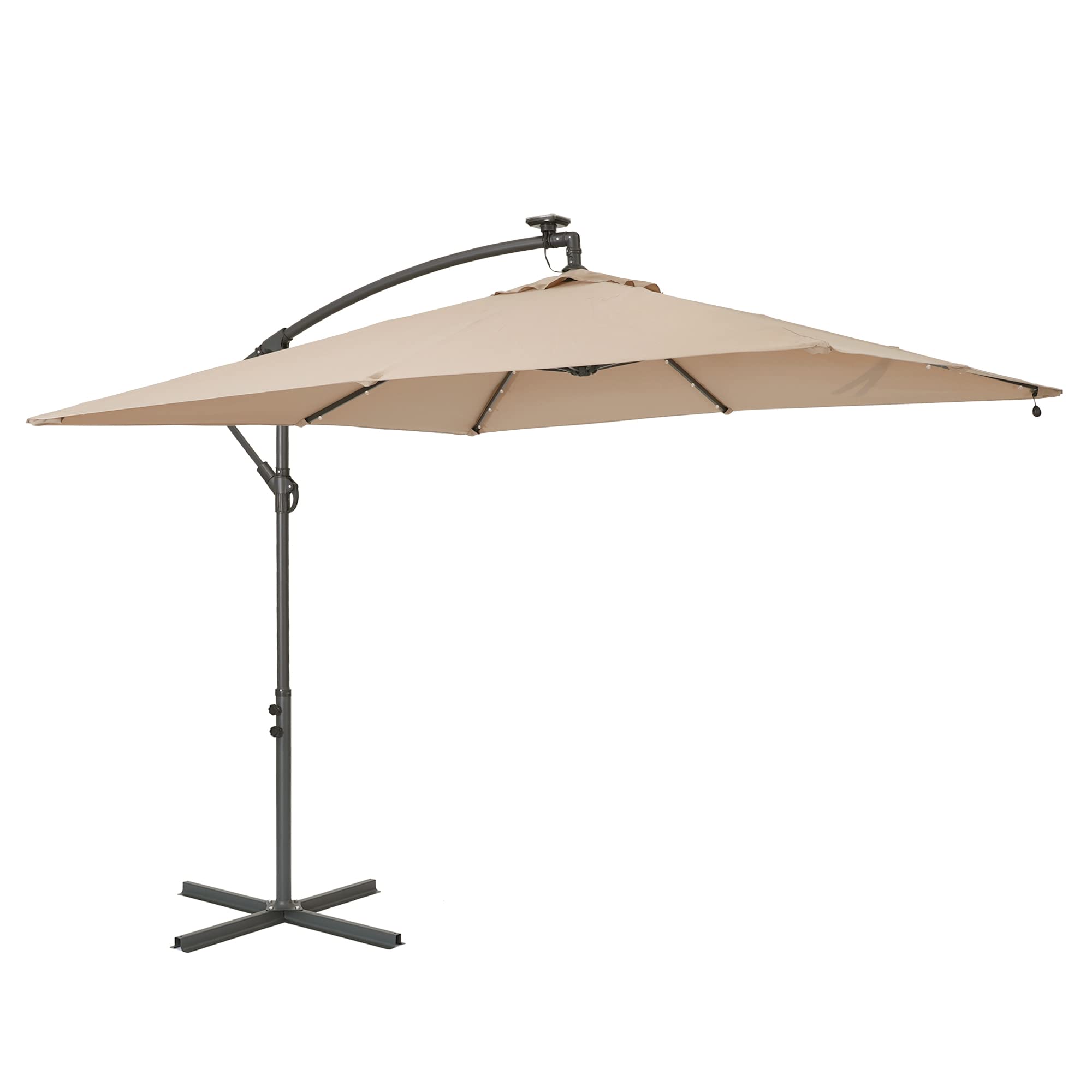 CASAINC 8.3FT Solar LED Patio Umbrella Offset Hanging Outdoor Umbrella for Market Lawn Graden Backyard Balcony, Crank/Tilt, Multi Angle Adjustment (without Umbrella Base)-Beige