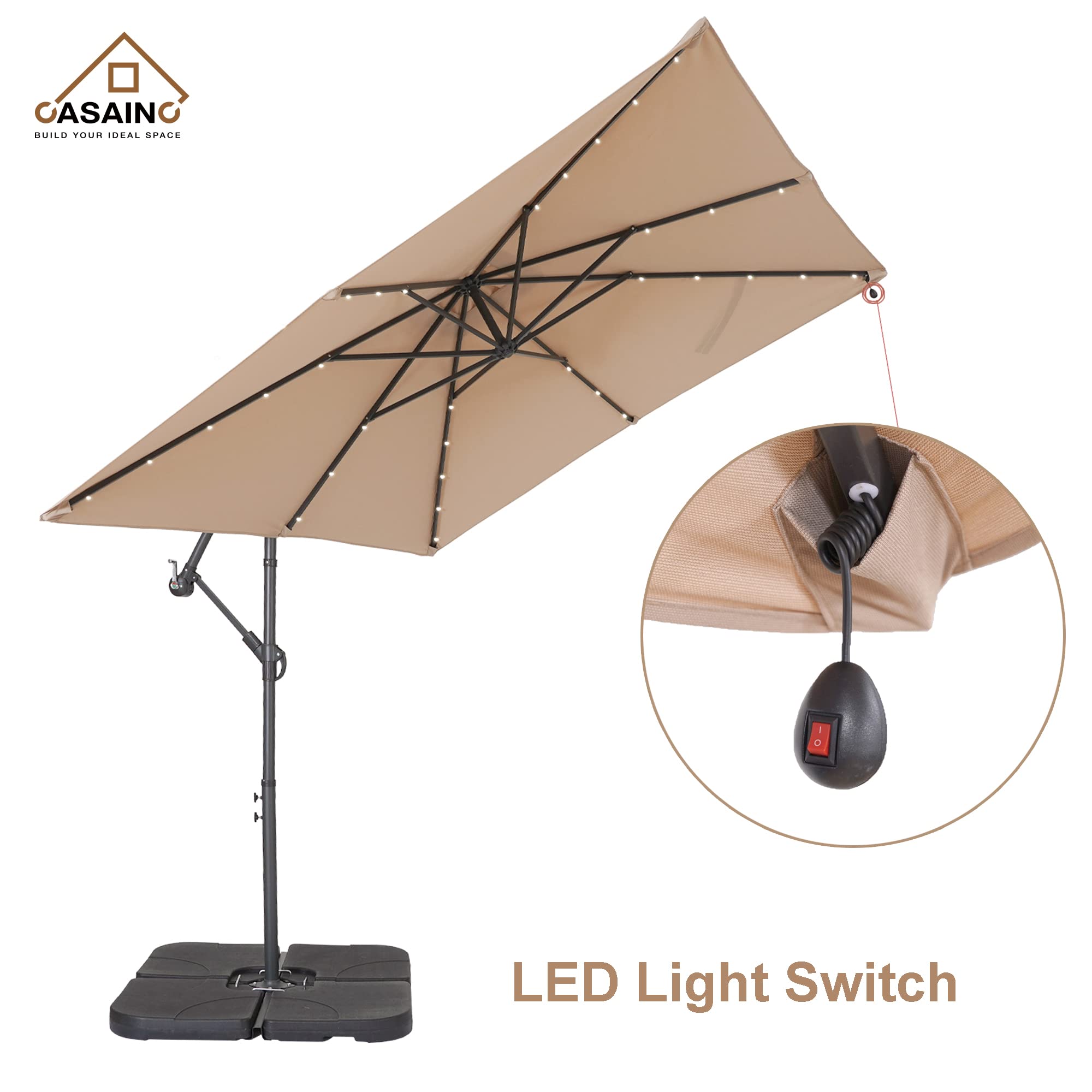CASAINC 8.3FT Solar LED Patio Umbrella Offset Hanging Outdoor Umbrella with Base for Market Lawn Graden Backyard Balcony, Crank/Tilt, Multi Angle Adjustment-Beige