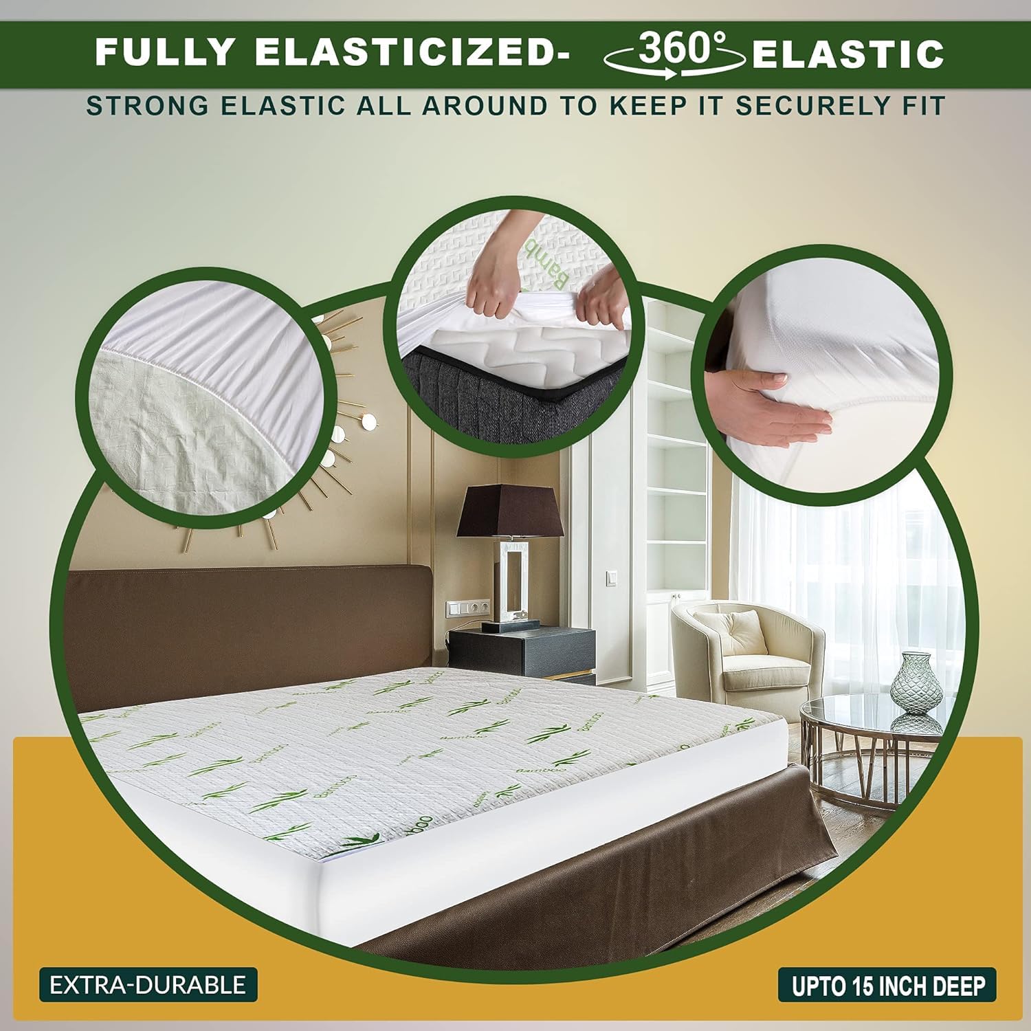 Dream Linens Bamboo Mattress Pad with Fitted Skirts, Double Knit Jacquard Mattress Topper, Breathable Soft Quilted Mattress Cover (Queen)