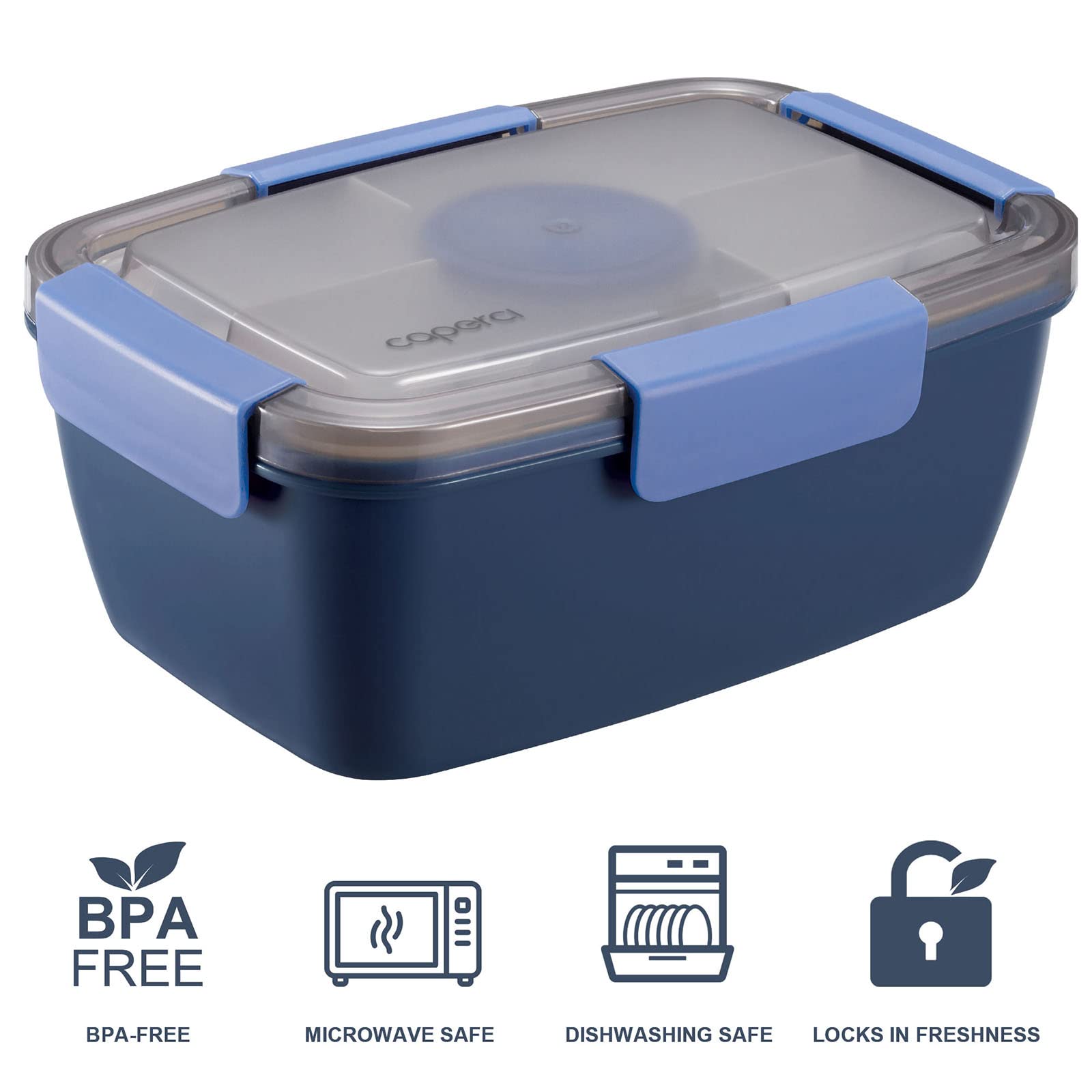 Caperci 2 Pack Large Salad Container for Lunch - 68 oz Salad Bowls To Go, Leakproof Bento Box Adult with 5 Compartments Tray, 4pcs 3-oz Sauce Cups, Reusable Spork & BPA-Free (Navy & Pink)
