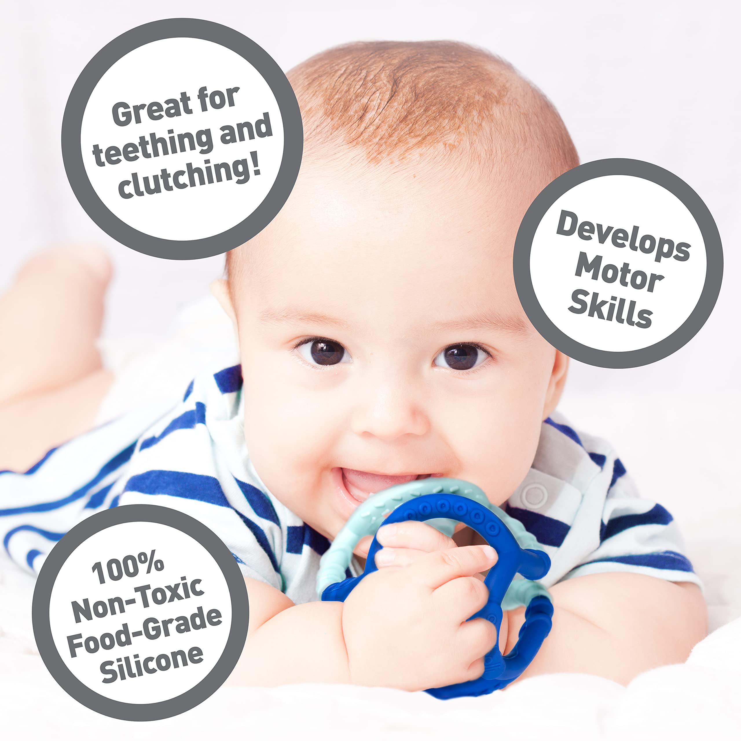 OgoBolli Gummi Teething Ring Textured Sensory Ball Toy for Babies & Toddlers - Stretchy, Soft Non-Toxic Silicone - Age 6+ Months - Blue Blueberry
