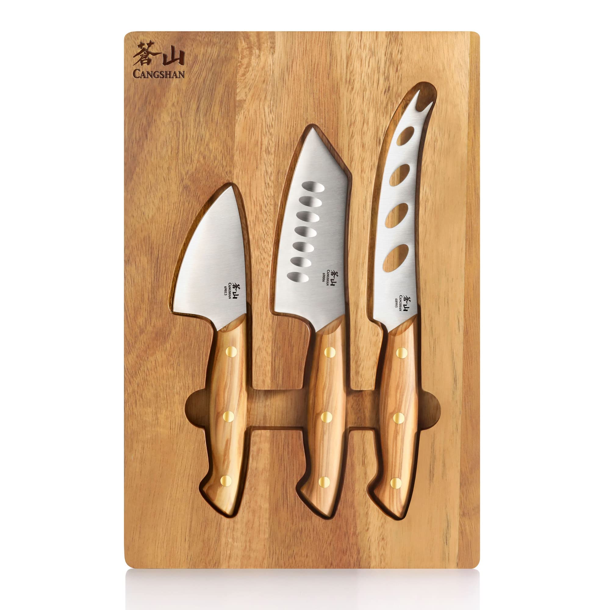 Cangshan 1027327 3-Piece Olive Wood Cheese Knife Set with Acacia Cheese Board