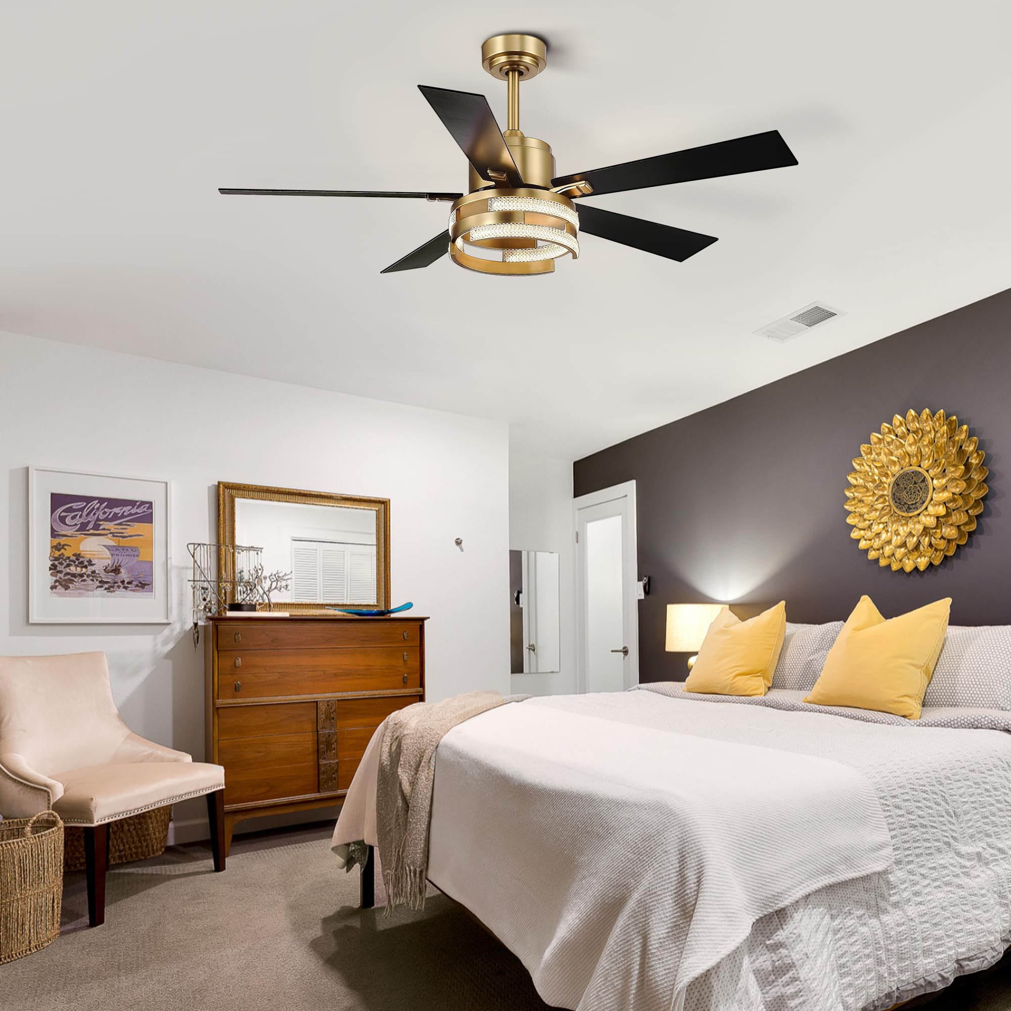 Breezary Ceiling Fans with Lights, 52 inch 5 Blade Industrial Gold Ceiling Fan Remote Control, Reversible AC Motor, Caged Light Fixture Chandelier for Bedroom