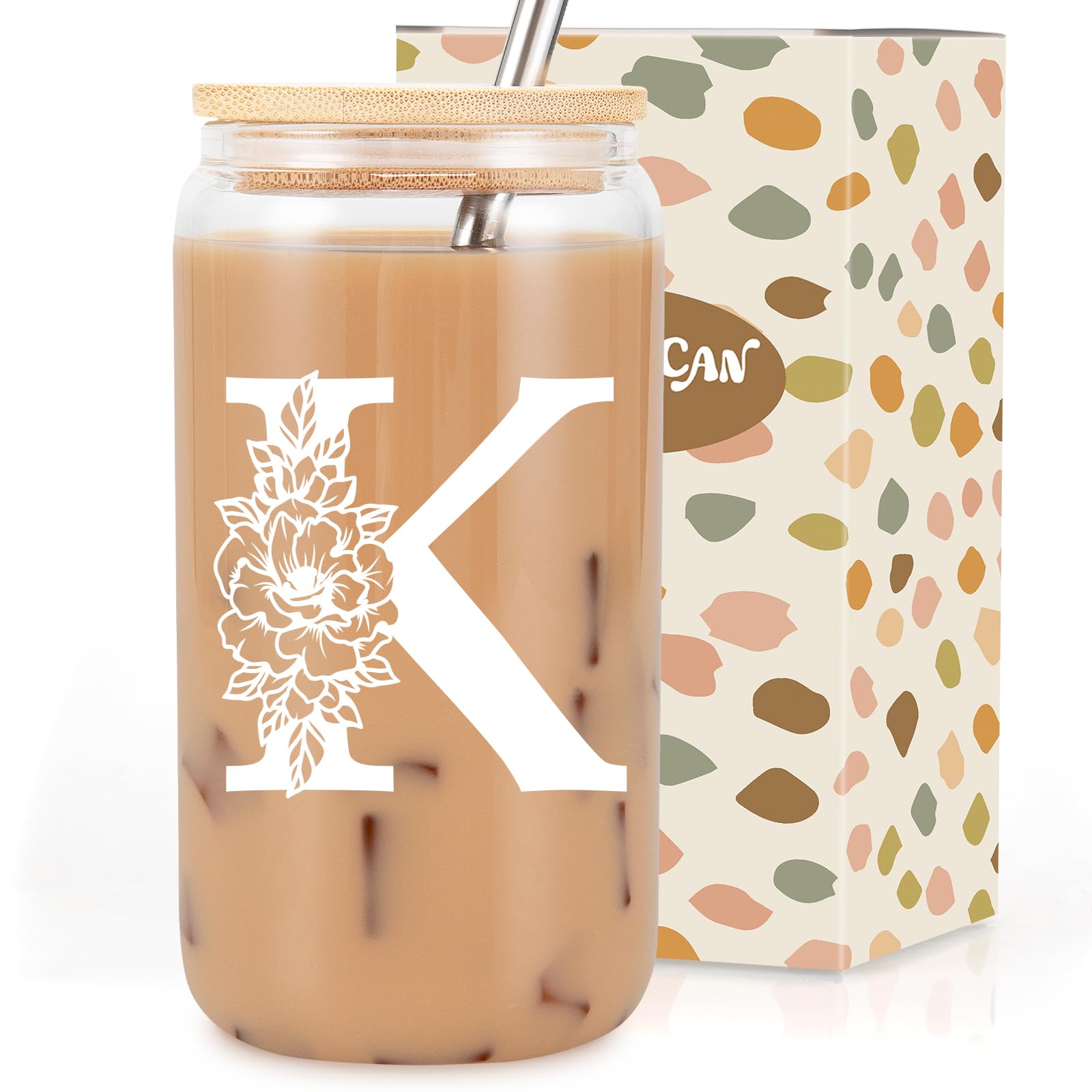 Coolife Initial Glass Cup, Monogrammed Gifts for Women, 16 oz Glass Cups w/Lids Straws, Iced Coffee, Smoothie, Beer Glass Tumbler w/Straw Lid - Personalized Christmas, Birthday Gifts for Her Mom