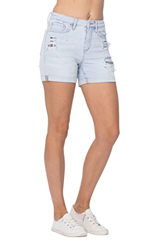 Judy Blue Women's High-Rise Cuffed Printed Lining Shorts (Light Blue, Large)