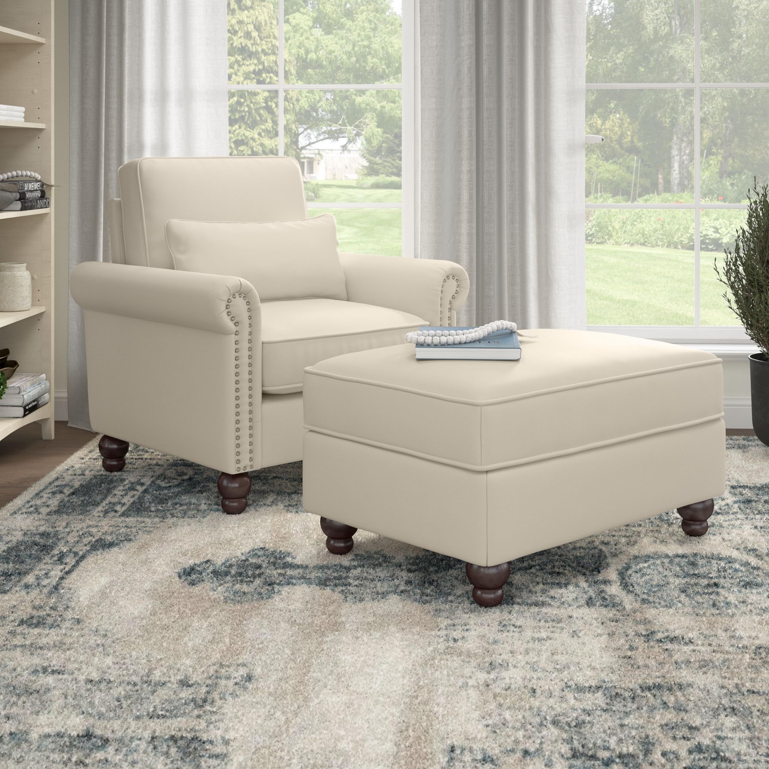 Bush Furniture Coventry Accent Chair with Ottoman Set, Cream Herringbone