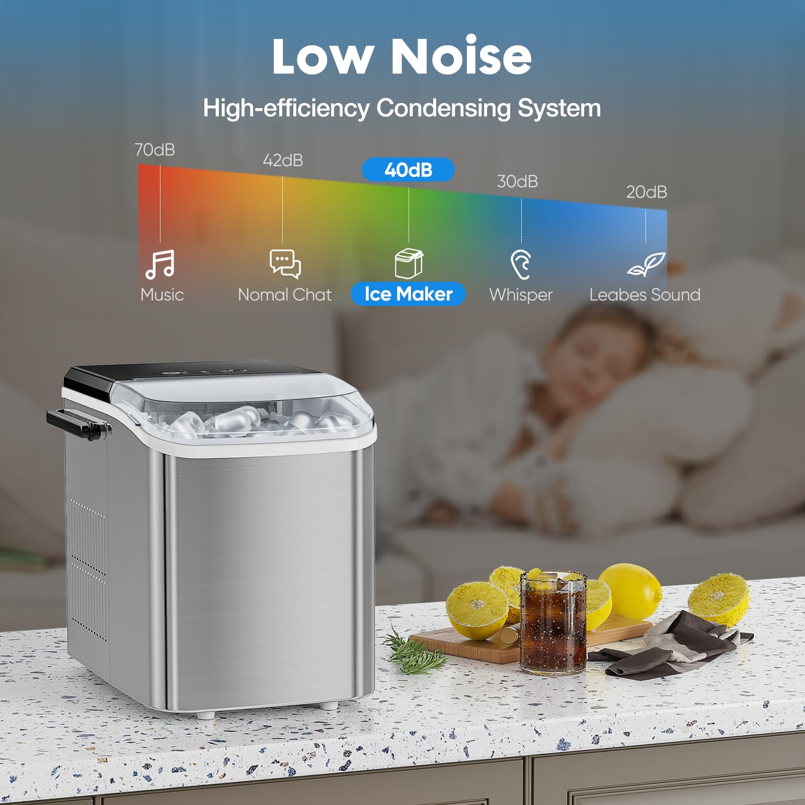 DUMOS Stainless Steel Countertop Ice Maker, Portable Self-Cleaning Ice Machine with Handle, Ice Scoop and Basket, 6 Mins/9 Pcs, 26.5lbs/24Hrs, 2 Sizes of Bullet Ice for Kitchen Party, Silver