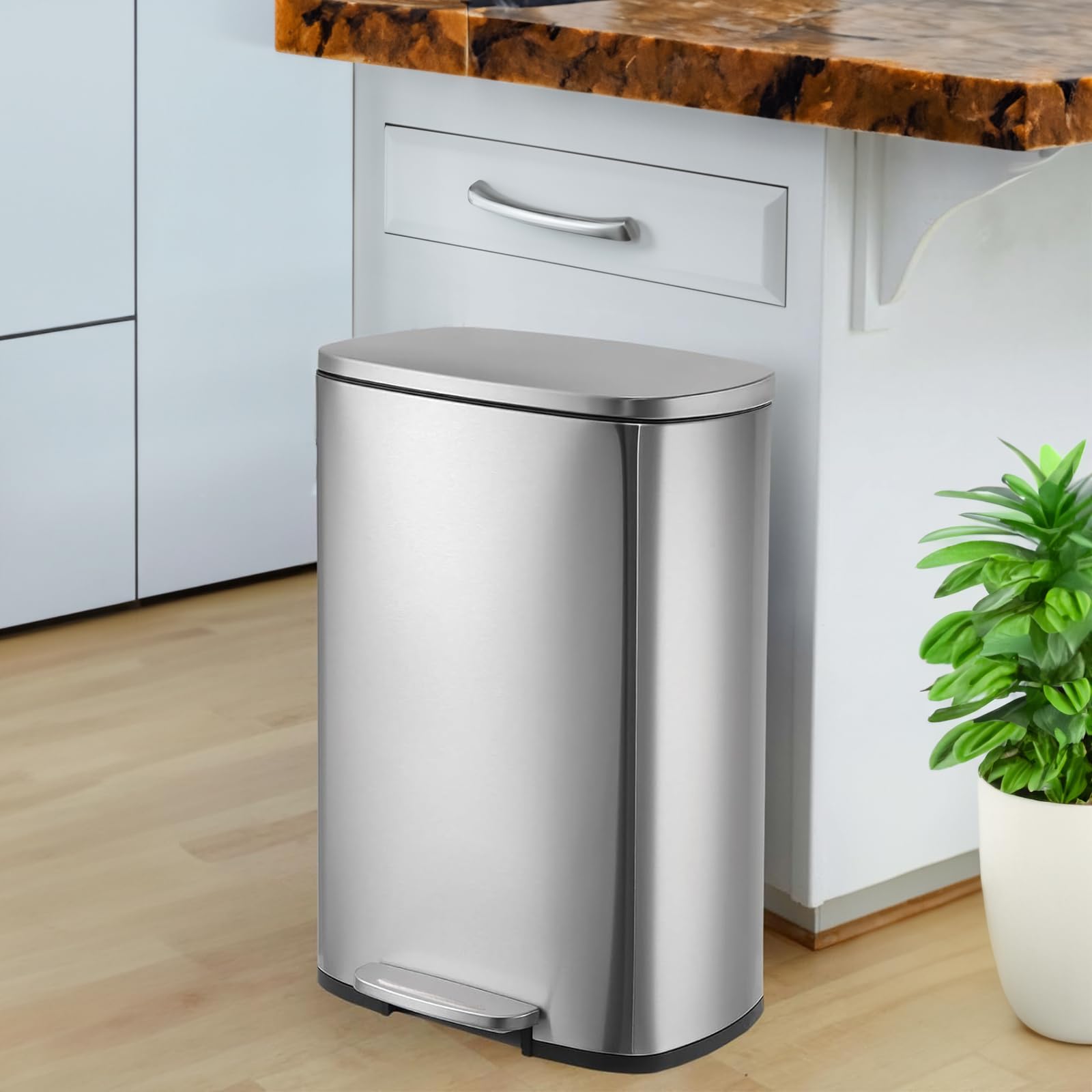 Diyrap 7.9 Gallon/30 L Garbage Can Kitchen Trash Can with Lid andSoft-Close Foot Pedal for Office Bedroom Bathroom Step Trash Bin Fingerprint-Proof Brushed Silver