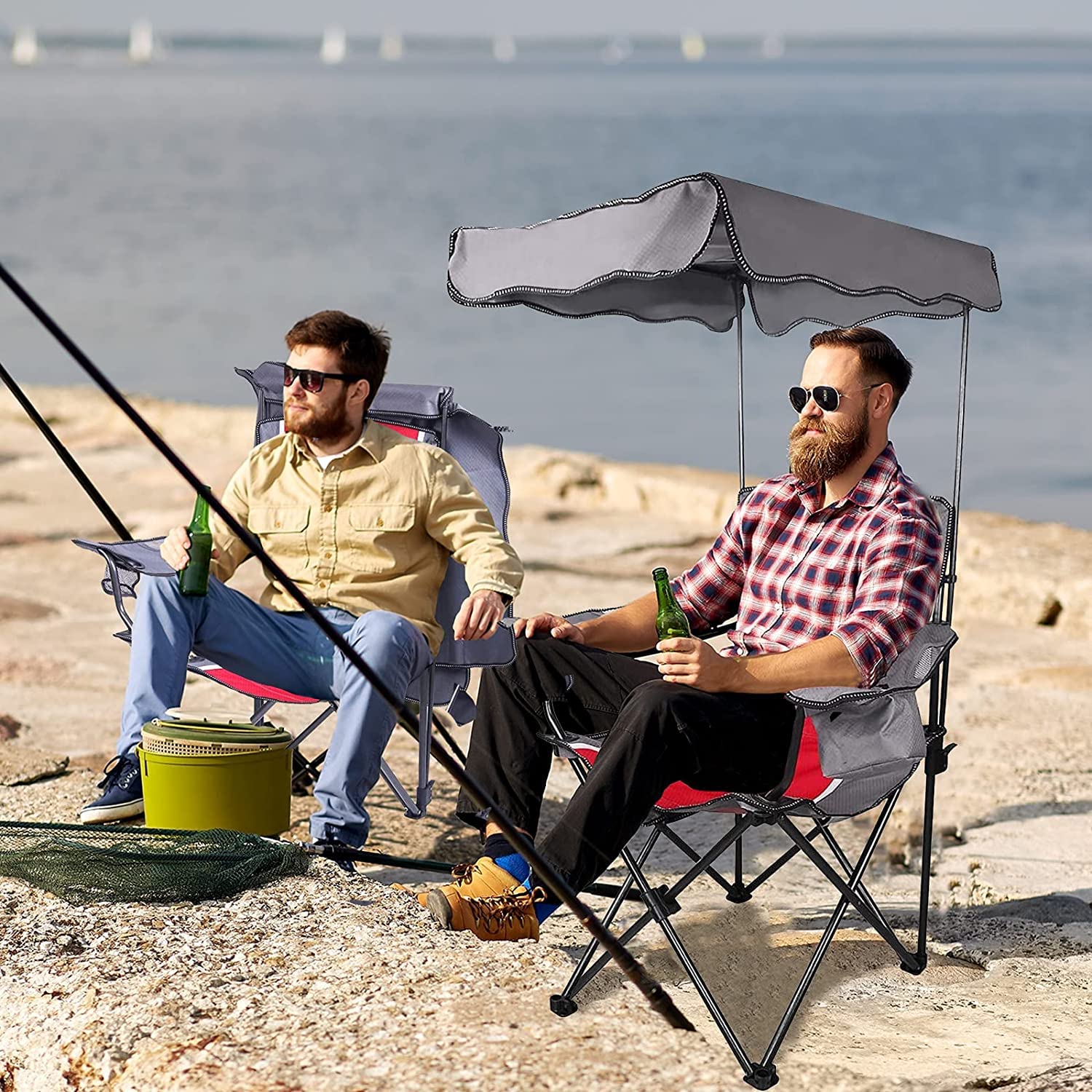 CAMP SOLUTIONS Camp Chair with Shade Canopy， Folding Camping Chairs for Adults， Portable Chair Recliner Support with Carrying Bag