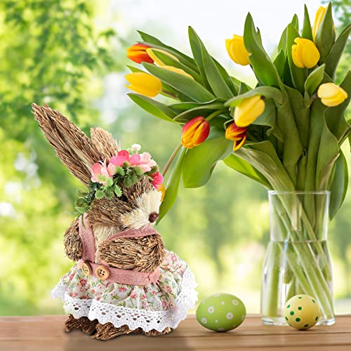 Okngr Easter Bunny Straw Figurine, Standing Rabbit Statue,Handmade Straw Cute Bunny Ornament, Easter Day Straw Bunny Figurine Decor Handmade Ornaments Gifts for Home Table Decorations