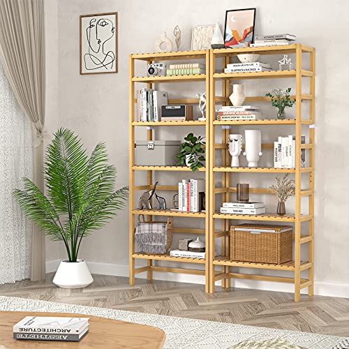 Homykic Bookshelf, 6-Tier Bamboo Adjustable 63.4β Tall Bookcase Book Shelf Organizer, Free Standing Storage Shelving Unit for Living Room, Kitchen, Bedroom, Bathroom, Office, Rust Resistance, Natural