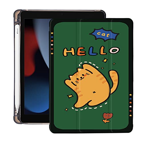 Cute Kawaii Cat for iPad 7th/8th/9th Generation Case with Pencil Holder, Auto Sleep/Wake, Black Leather Soft TPU Back Cover for iPad 10.2 Inch 2019/2020/2021