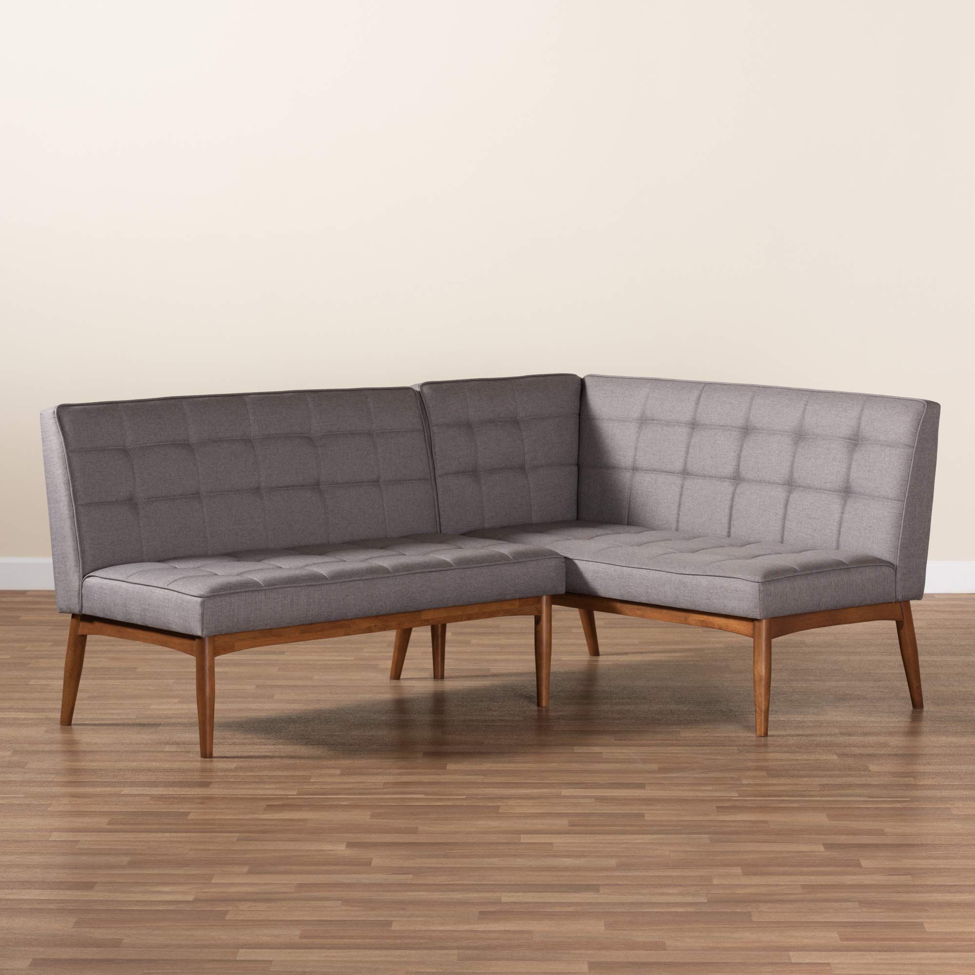 Baxton Studio Sanford Dining Banquettes Grey Fabric Upholstered and Walnut Brown Finished Wood 2-Piece Dining Nook Banquette Set