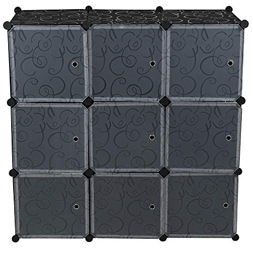 VINGLI Cube Storage, 9 Cube Organizer Shelves, Plastic Closet Cabinet, DIY Modular Storage Cube Organizer with Doors for Bedroom Living Room Office, Black