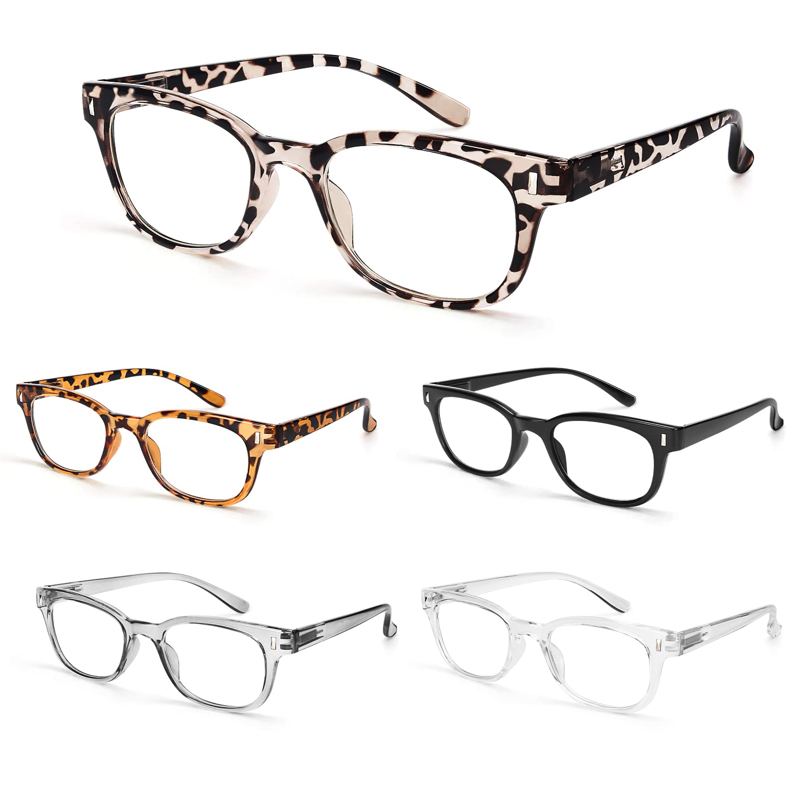 BLS BLUES Reading Glasses for Women/Men Blue Light Blocking, Computer Readers Anti Migraine/Eye Strain Blocker Eyewear 5Packs (Leopard/Tortoise/Black/Grey/Clear, 1.5)