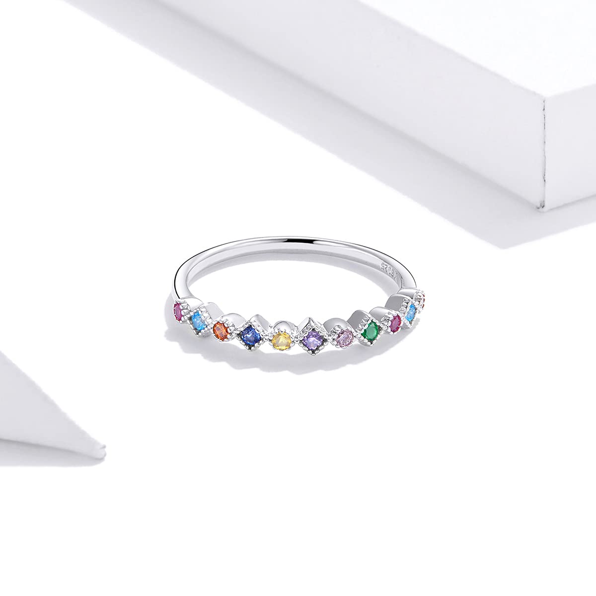 BISAER 925 Sterling Silver Rainbow Stackable Rings for Women Colorful Cubic Zirconia Stacking Eternity Band Ring Rainbow Jewelry Gifts Size 8