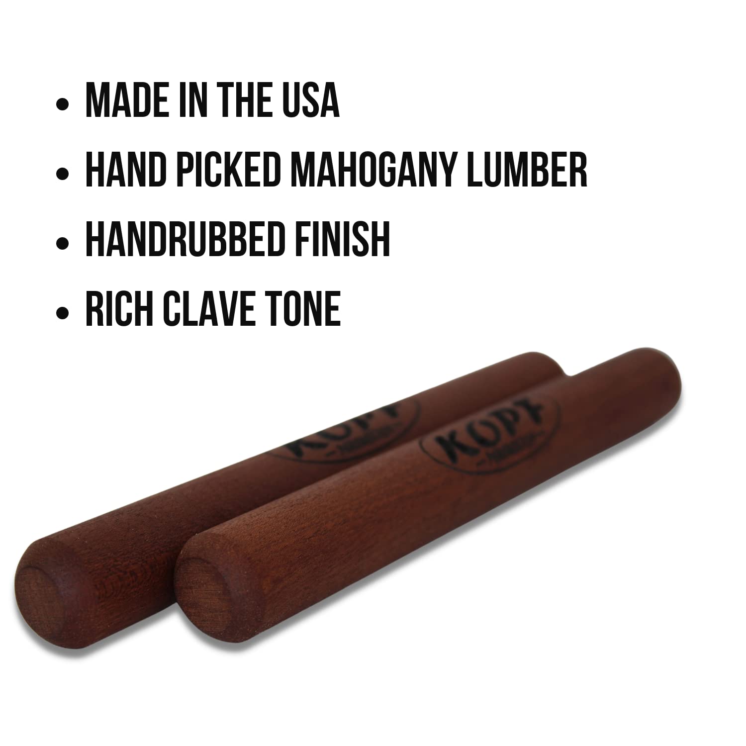 Professional Mahogany Wood Claves Musical Instrument | Set of 2 claves, size 8" X 1" | Smooth Finish | Solid Hardwood Percussion Instrument | Warm Musical Tone | Handmade in USA by Kopf Percussion