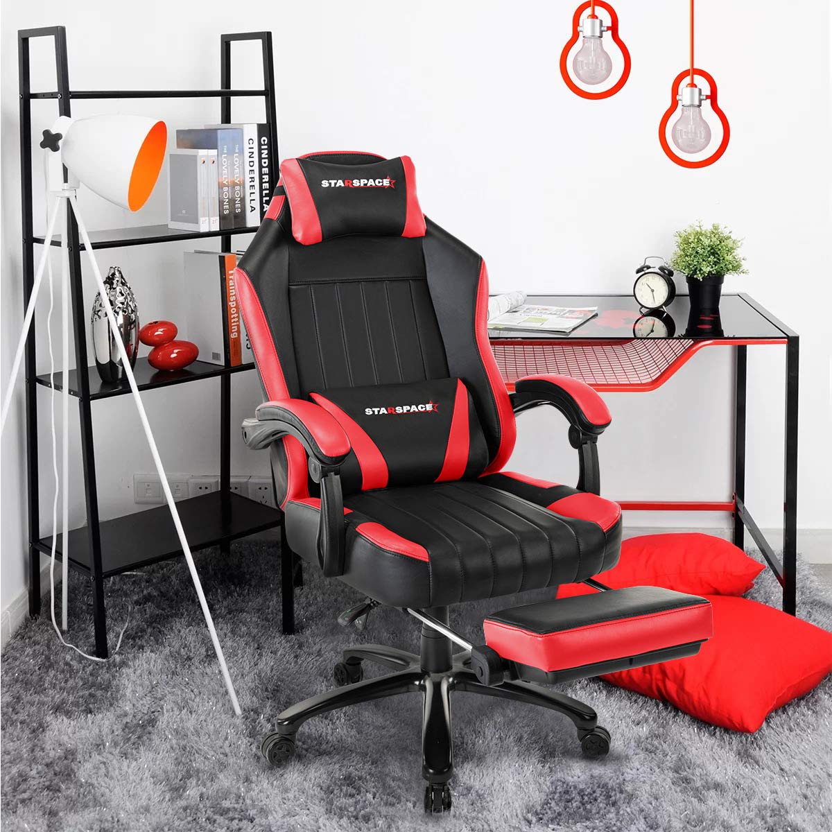 Big & Tall 350lb Memory Foam Reclining Gaming Chair Metal Base - Adjustable Back Angle and Retractable Footrest Ergonomic High-Back Racing Executive Computer Desk Office Chair (Blue)