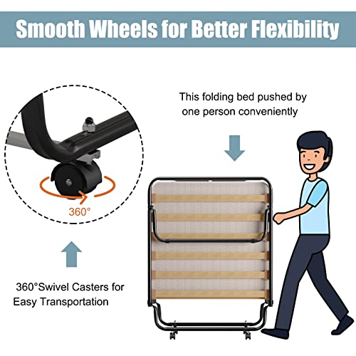 KOMFOTT Folding Rollaway Bed with Mattress, Foldable Bed with Memory Foam Mattress for Adults, Portable Fold Up Guest Bed with Sturdy Steel Frame on Wheels for Home & Office, Made in Italy (Beige)