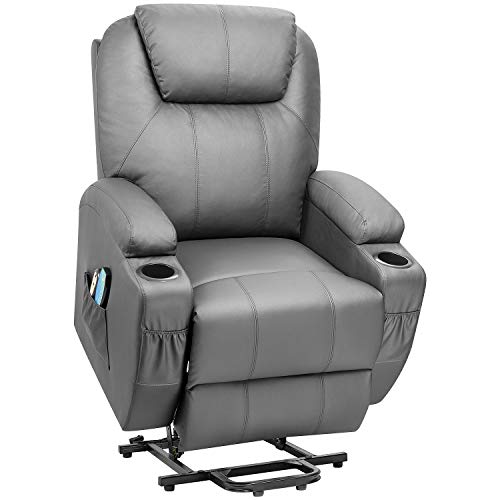 Flamaker Power Lift Recliner Chair PU Leather for Elderly with Massage and Heating Ergonomic Lounge Chair for Living Room Classic Single Sofa with 2 Cup Holders Side Pockets Home Theater Seat (Gray)