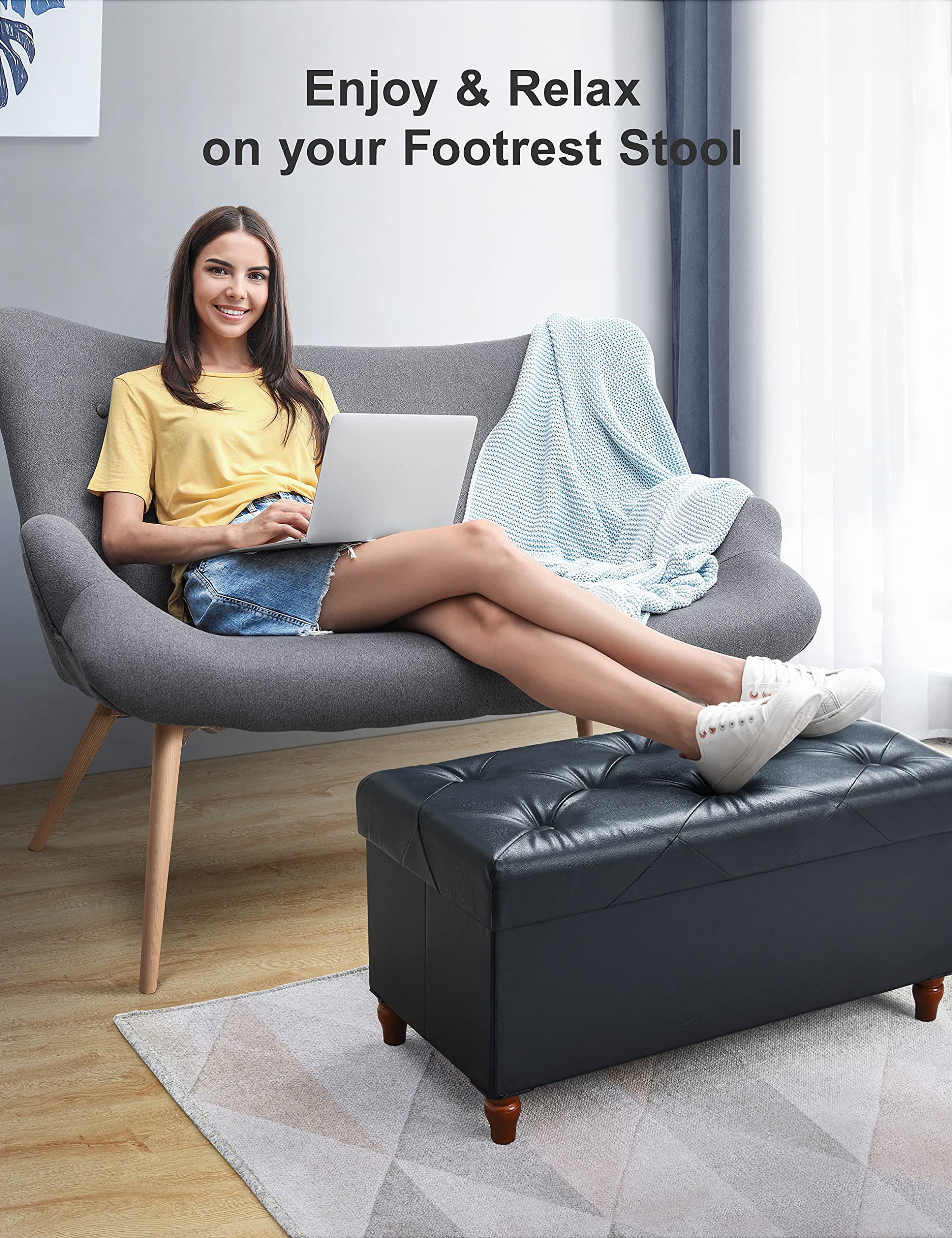 Nicehill 30 inches Folding Storage Ottoman Bench with Wooden Legs, Ottoman with Storage for Living Room & Bedroom,Faux Leather, Load 350lbs, Black