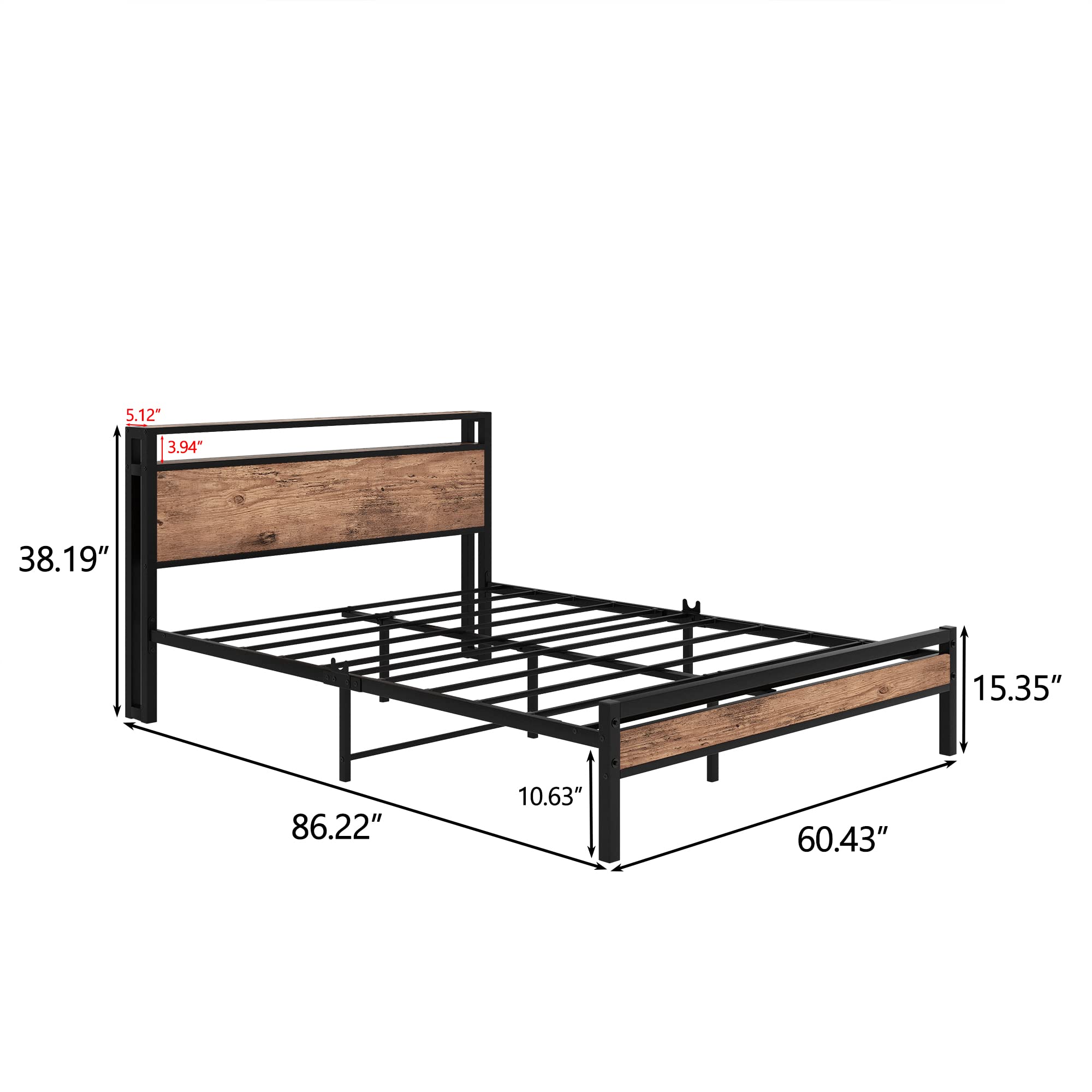 BOFENG Queen Bed Frame with 2-Tier Wood Storage Headboard,Metal Platform Bed Frame Queen Size Under Bed Storage No Box Spring Needed,Strong Support Legs,Noise Free