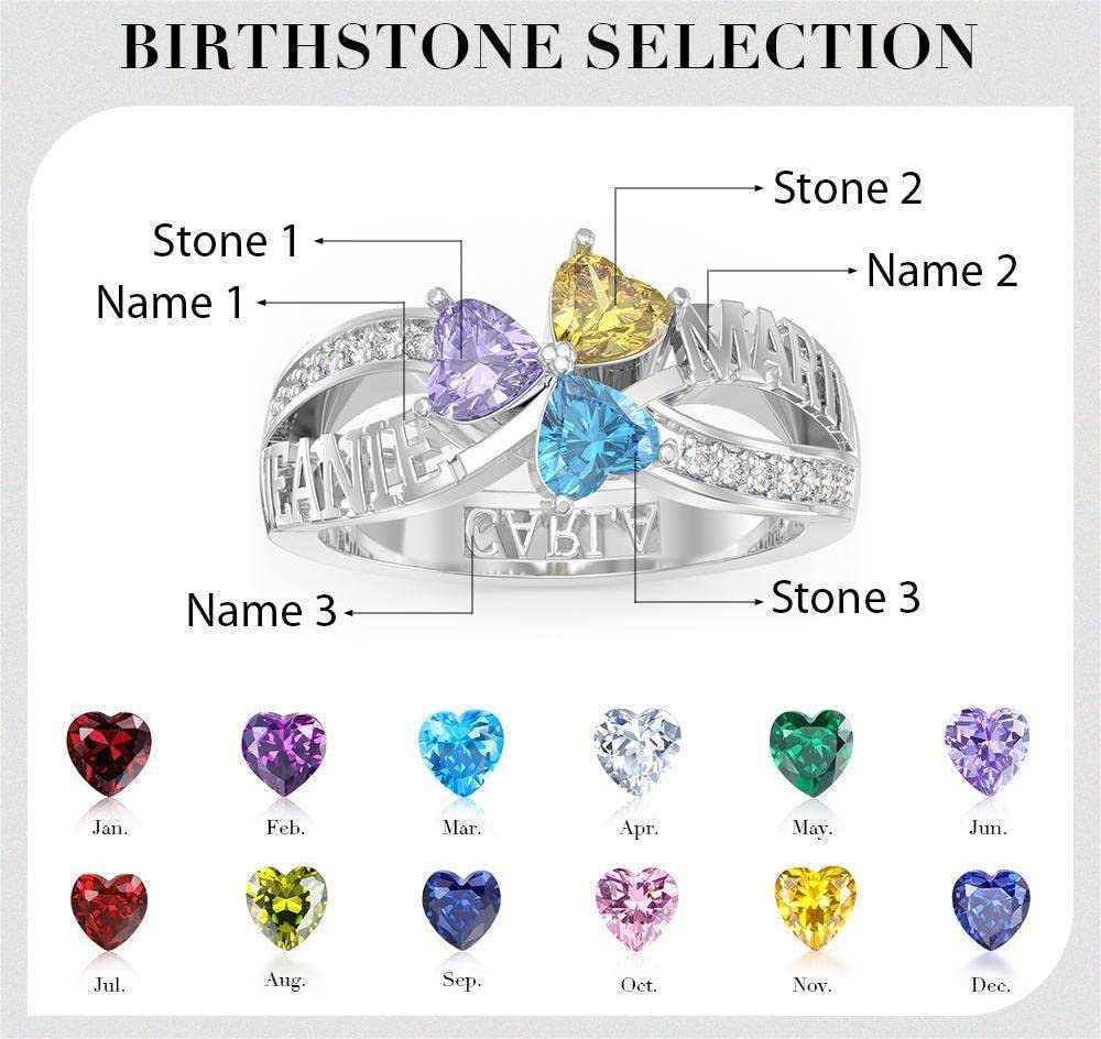 Custom Name Ring Creative 3D 925 Sterling Silver Birthstone Rings for Women Mother Dainty Bride Engagement Ring Personalized Promise Rings for Her (3 NAMES)
