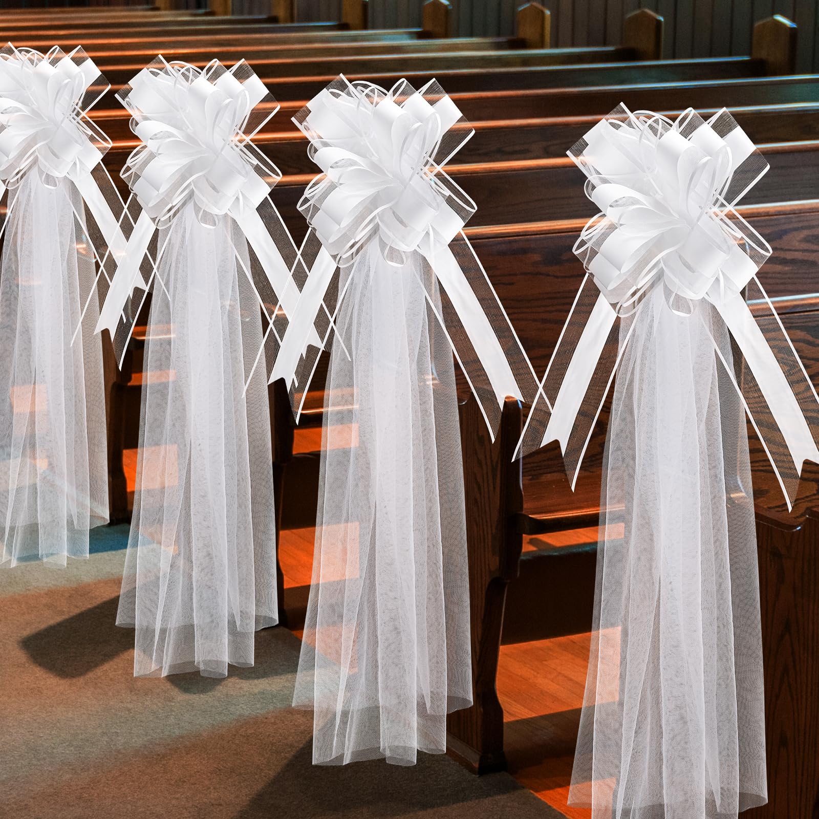 FineCheer 12 Set Large Wedding Pew Bows with Long Tulle Tails Wedding Pew Bows Church Chair Aisle Decorations Wedding Car Decoration Big Bows for Bridal Shower Reception Birthday Anniversary(White)