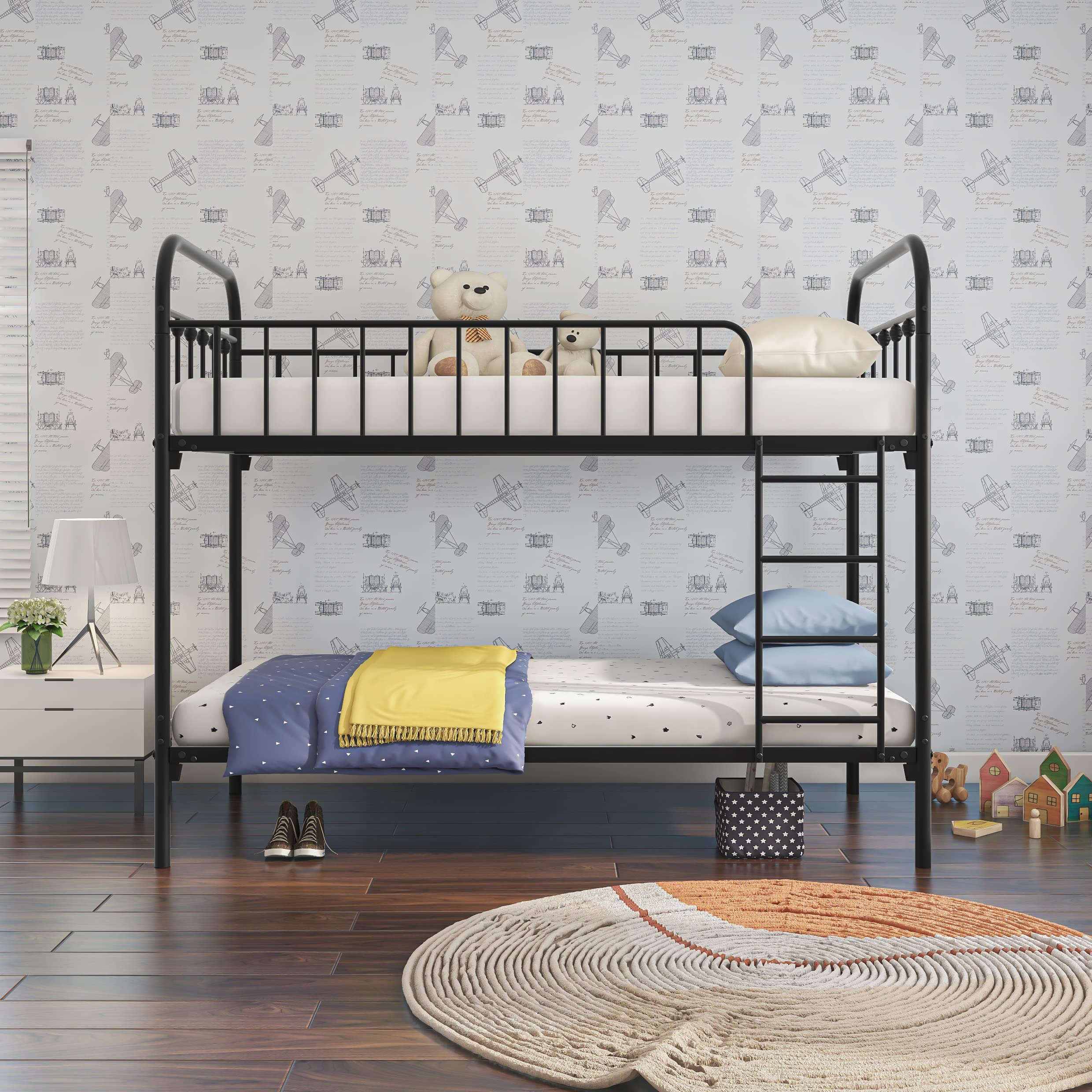 BOFENG Twin Over Twin Metal Bunk Beds with Side Ladders, Heavy Duty Bed Frame with Guardrail for Dormitory Bedroom Boys Girls Adults,No Box Spring Needed,Black