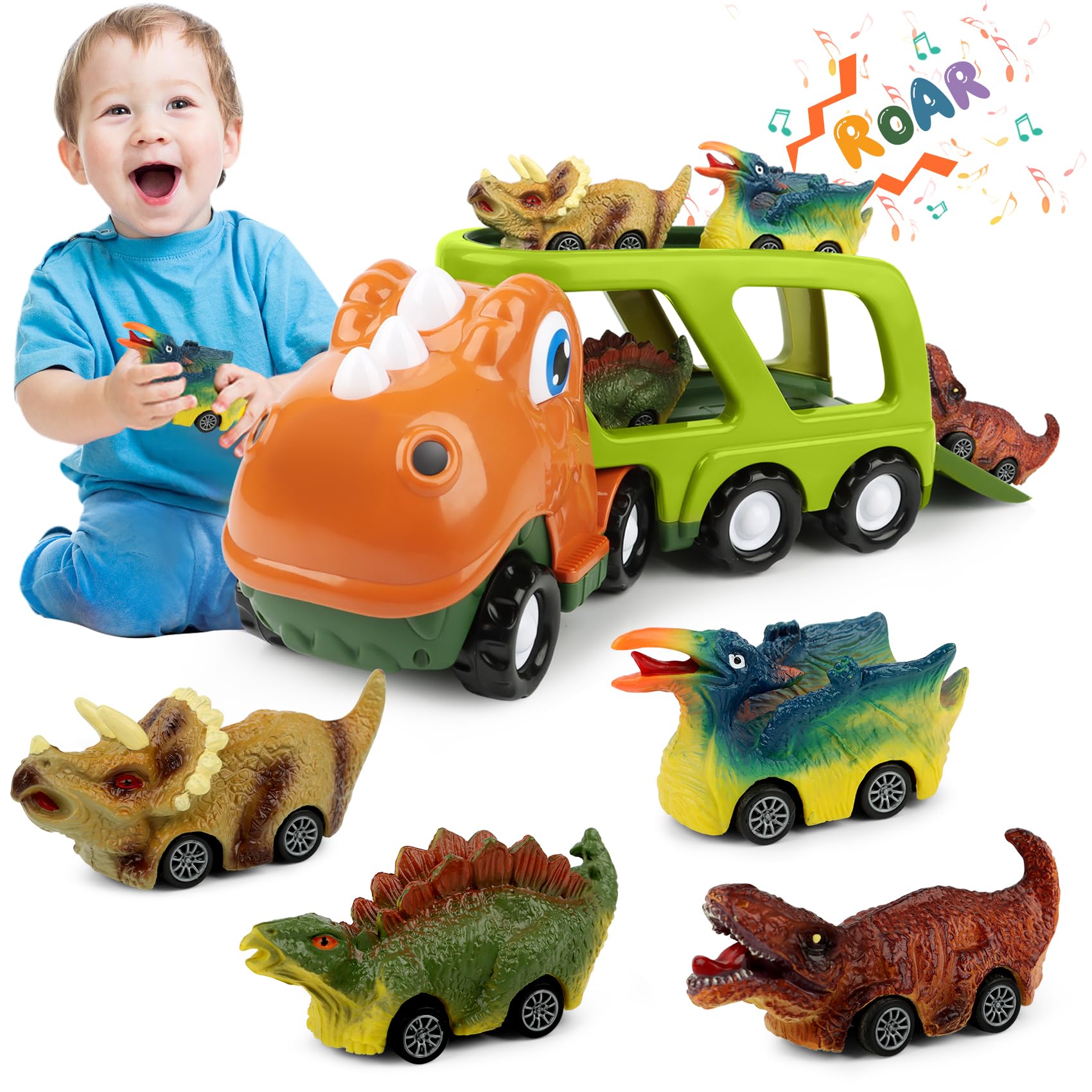 Nicmore Dinosaur Truck Toddler Toys Car: Toys for 2 3 4 Year Old Boy 5 in 1 Carrier Transport Toys for Kids Age 2-3 2-4 | 18 Months 2 Year Old Boy Girl Birthday Gifts