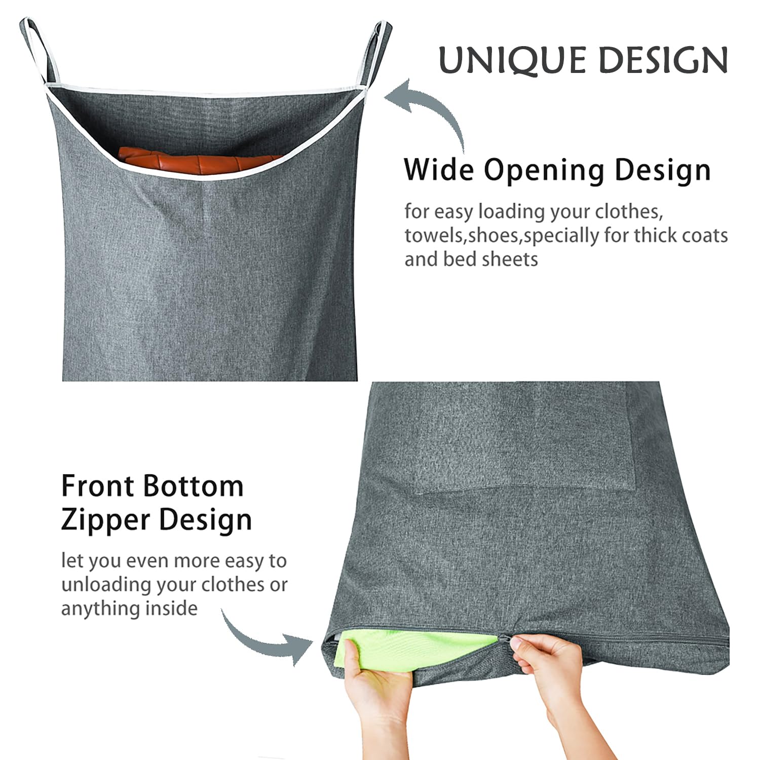 KINGSUSLAY Laundry Hamper, XL Hanging Hamper with Large Openging,Space Saving Storage Bag,Over the Door Hamper with Haning Hooks(36"x 22", Heath Grey)