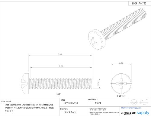 Small Parts Steel Machine Screw, Zinc Plated Finish, Pan Head, Phillips Drive, Meets DIN 7985, 80mm Length, Fully Threaded, M5-0.8 Metric Coarse Threads (Pack of 5)