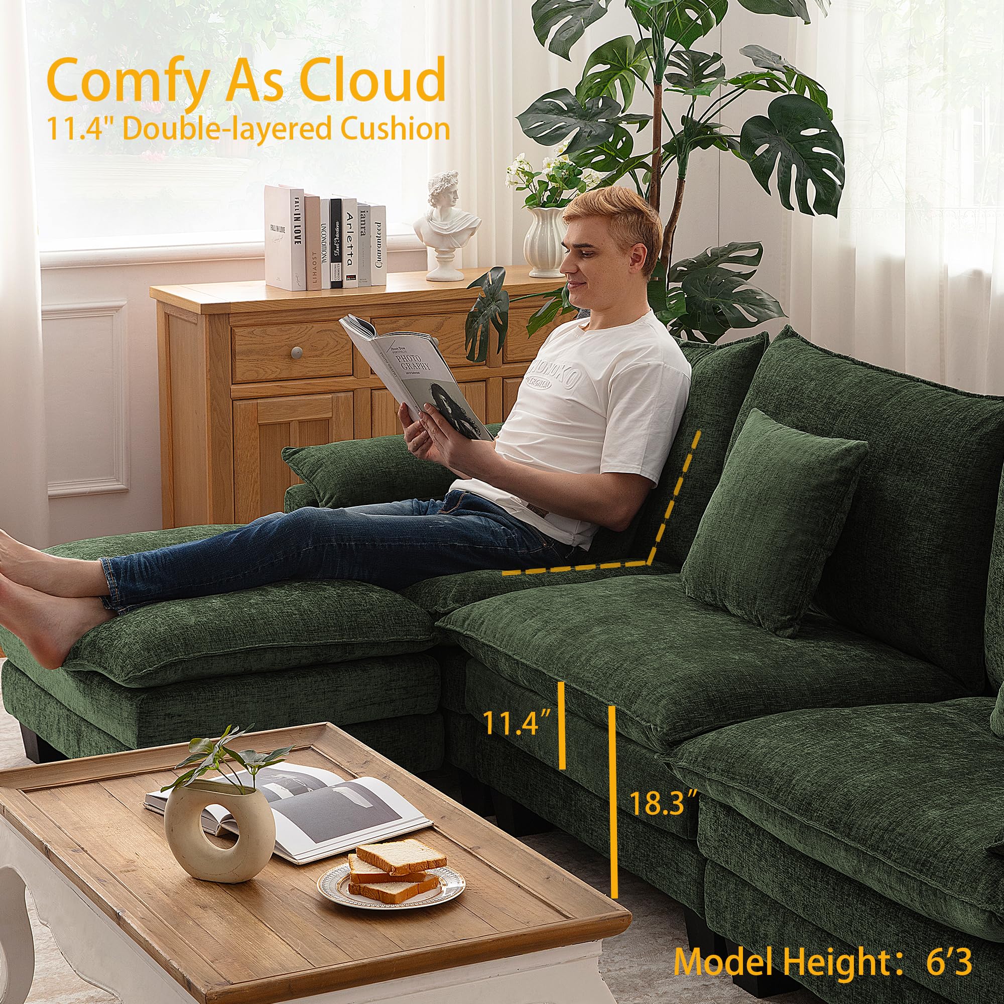 DURASPACE Modular Sectional Sofa 144'' Cloud Couch U Shaped 4-Seater Sectional Couches with 2 Movable Ottoman, USB, Comfy Sectionals Sofa for Living Room (Chenille Green)