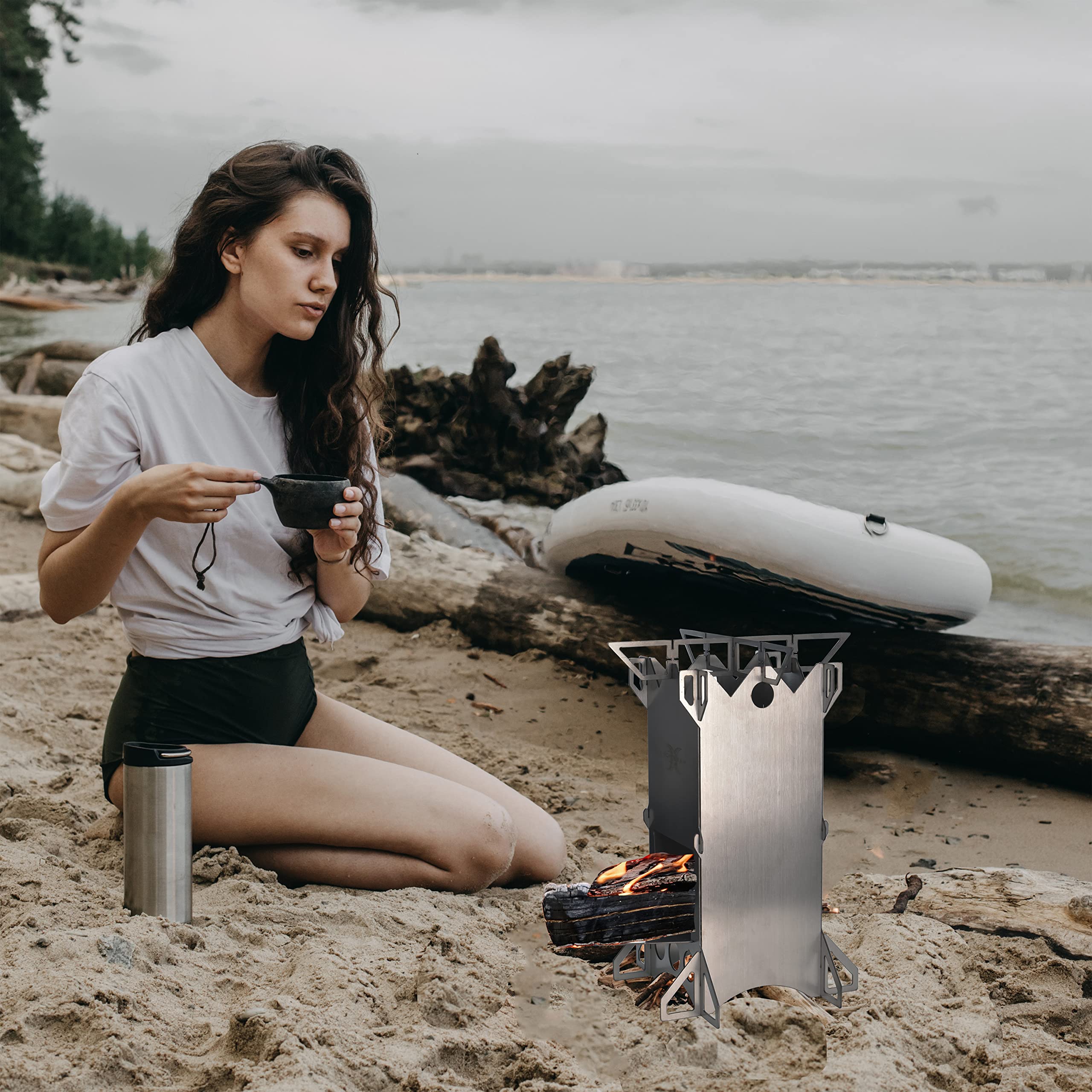 Camping Stove Wood Burning Rocket Portable Backpacking Stainless Steel Light Folding Stove for Outdoor Hiking Camping Tent Heating Picnic BBQ