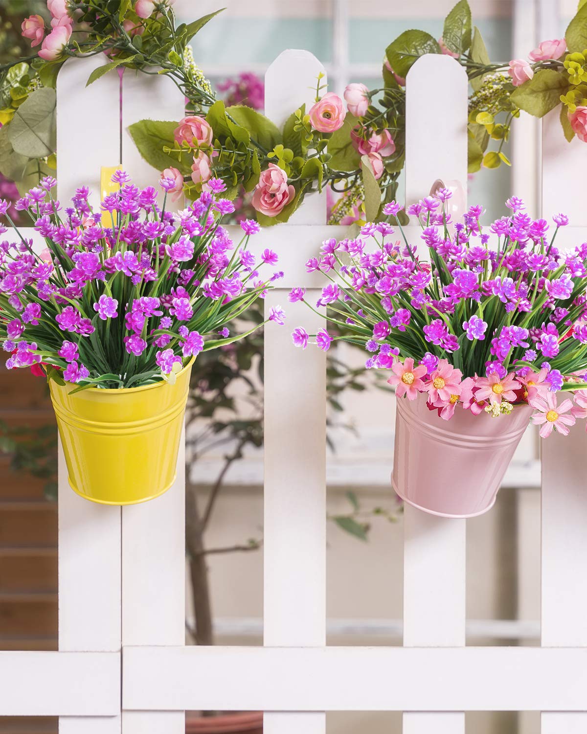 Omldggr 5 Bundles Artificial Flowers Outdoor, Plastic Flowers Faux Greenery Shrubs Plants for Hanging Planter Home Wedding Garden Decor(Purple RED)