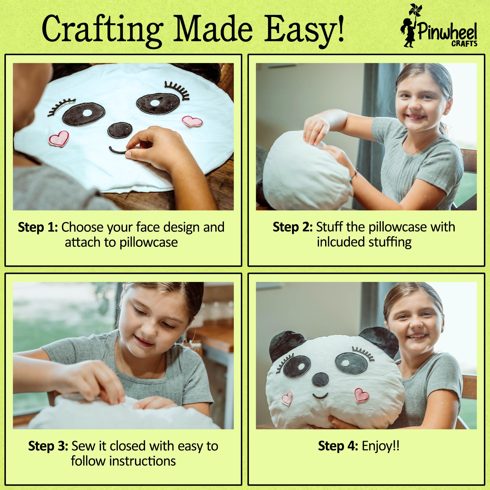 Pinwheel Crafts Beginner Sewing Kit for Kids 8-12 - Easy DIY Panda Pillow Kit - Learn to Sew - Kids Sewing Craft Gifts - Make Your Own Stuffed Animal Panda Plush Toy