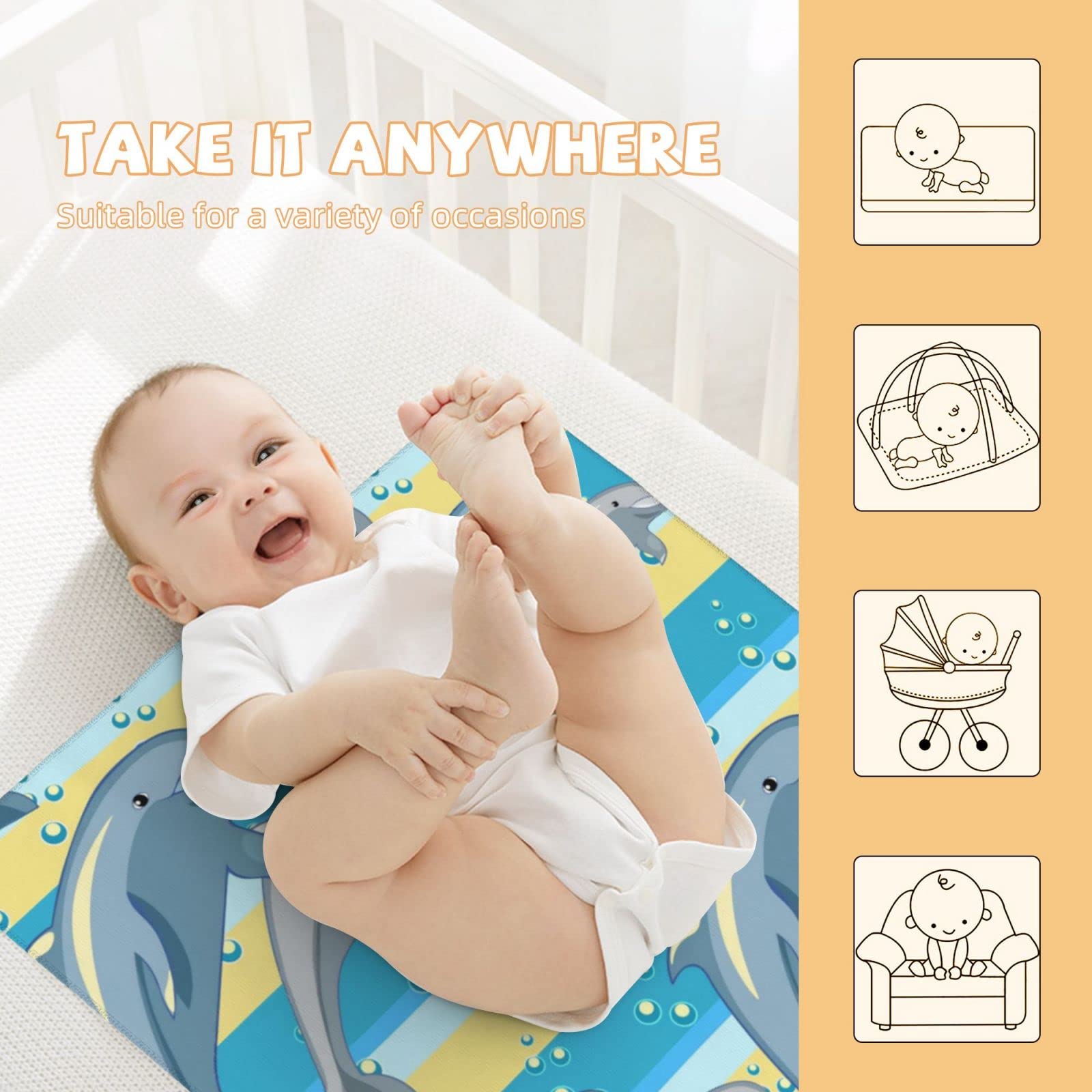 Custom Dolphins Portable Diaper Changing Pad Personalized Add Text Soft and Leak Resistant Liners for Baby and Toddler Waterproof Cotton Reusable Change Pads for Home Travel