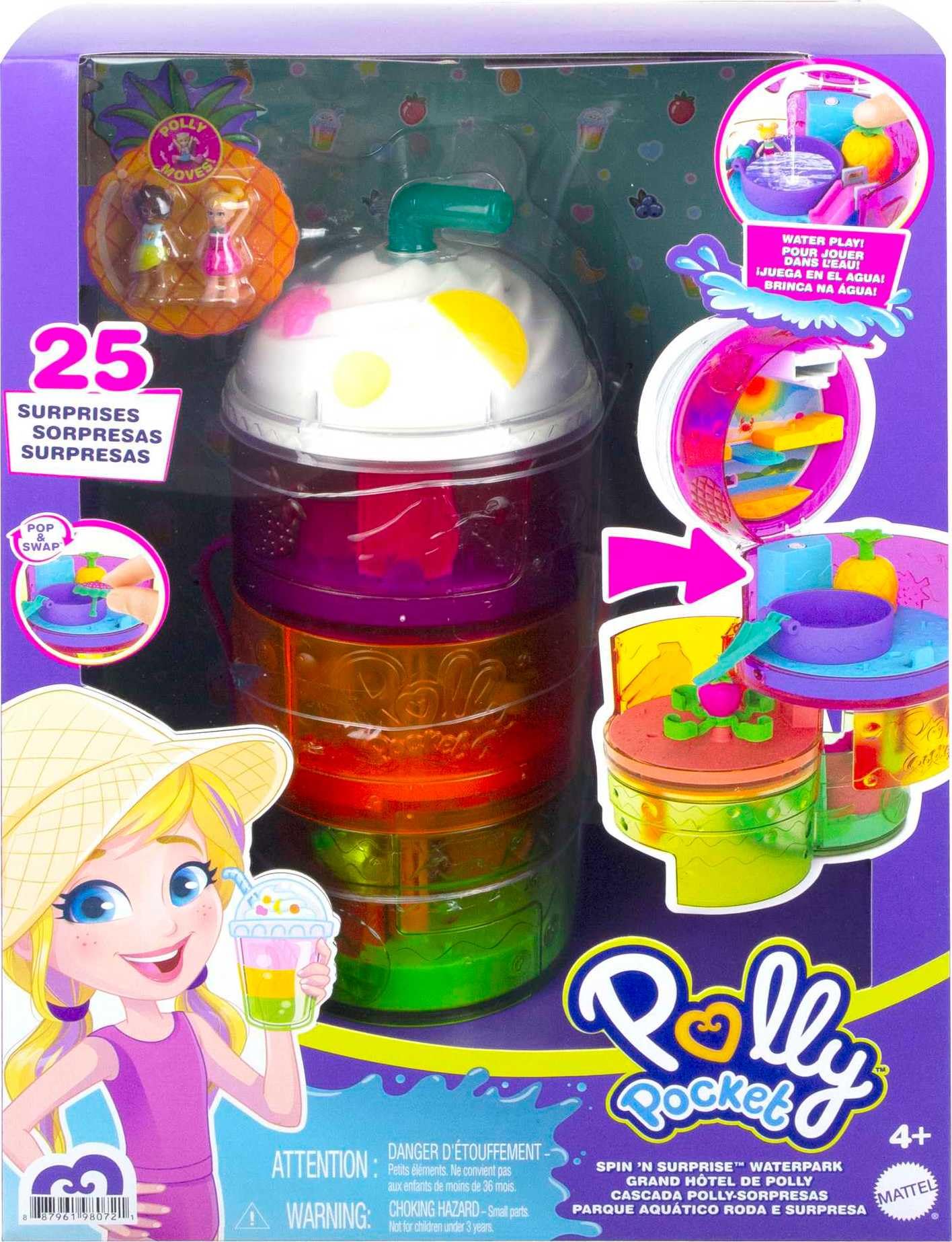 Polly Pocket 2-in-1 Travel Toy Playset, Spin 'N Surprise Smoothie with Micro Polly & Lila Dolls, Plus 25 Accessories