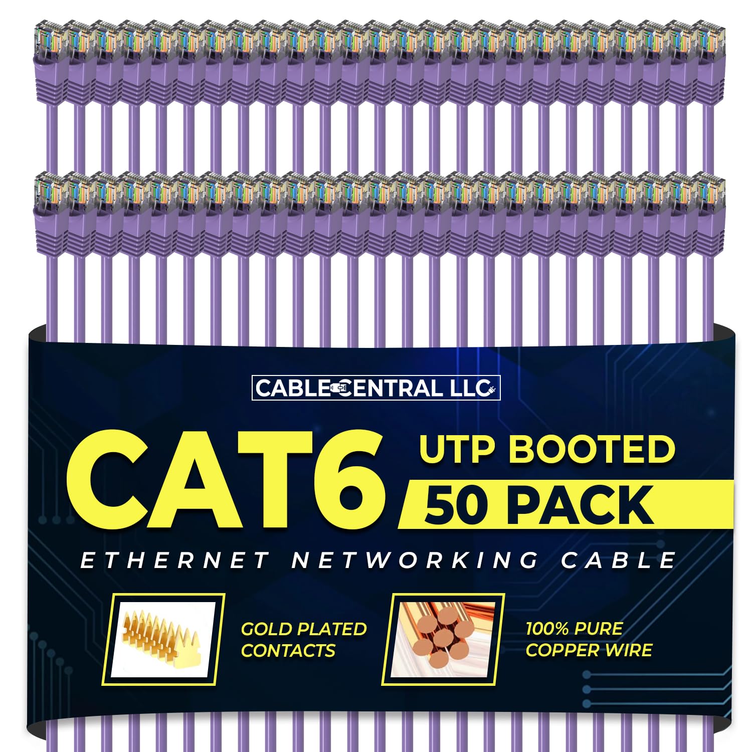 Cable Central LLC Cat 6 Ethernet Cable 15 Feet (50 Pack) Purple - UTP Booted - High Speed Internet Patch Cord with RJ45 Connector, 15 Ft Computer Network Cable