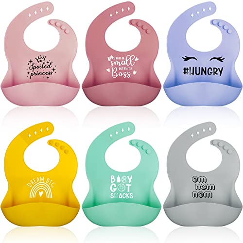 Hoosige 6 Pcs Funny Silicone Baby Bibs for Baby Girls, Waterproof Baby Silicone Bibs for Toddlers 1-3, Cute Newborn Bibs Adjustable Baby Feeding Bibs with Pouch for Girls Baby Shower Gifts, 6 Design