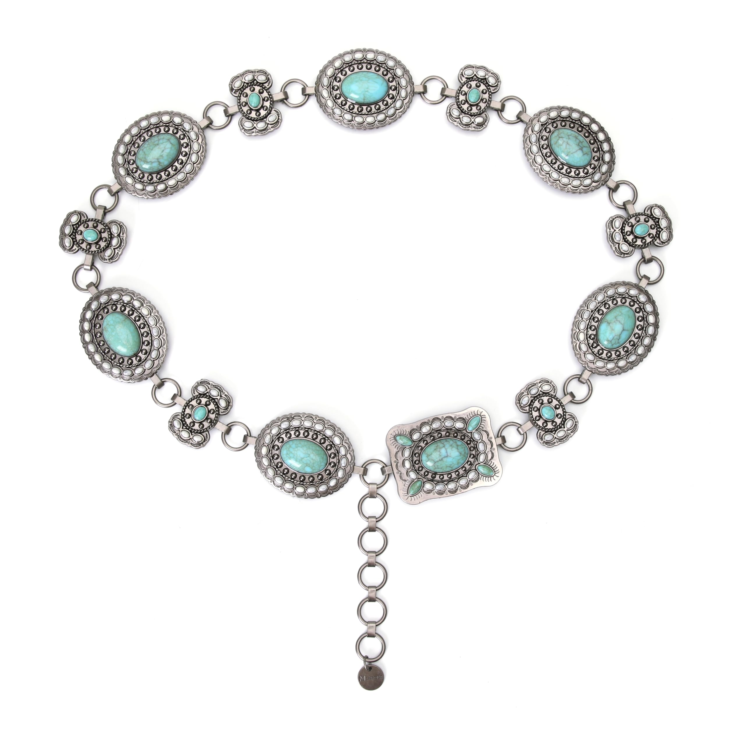 CNBOME Women's Western Cowgirl Concho Turquoise Stone Chain Belt (Jade & White, XLarge)