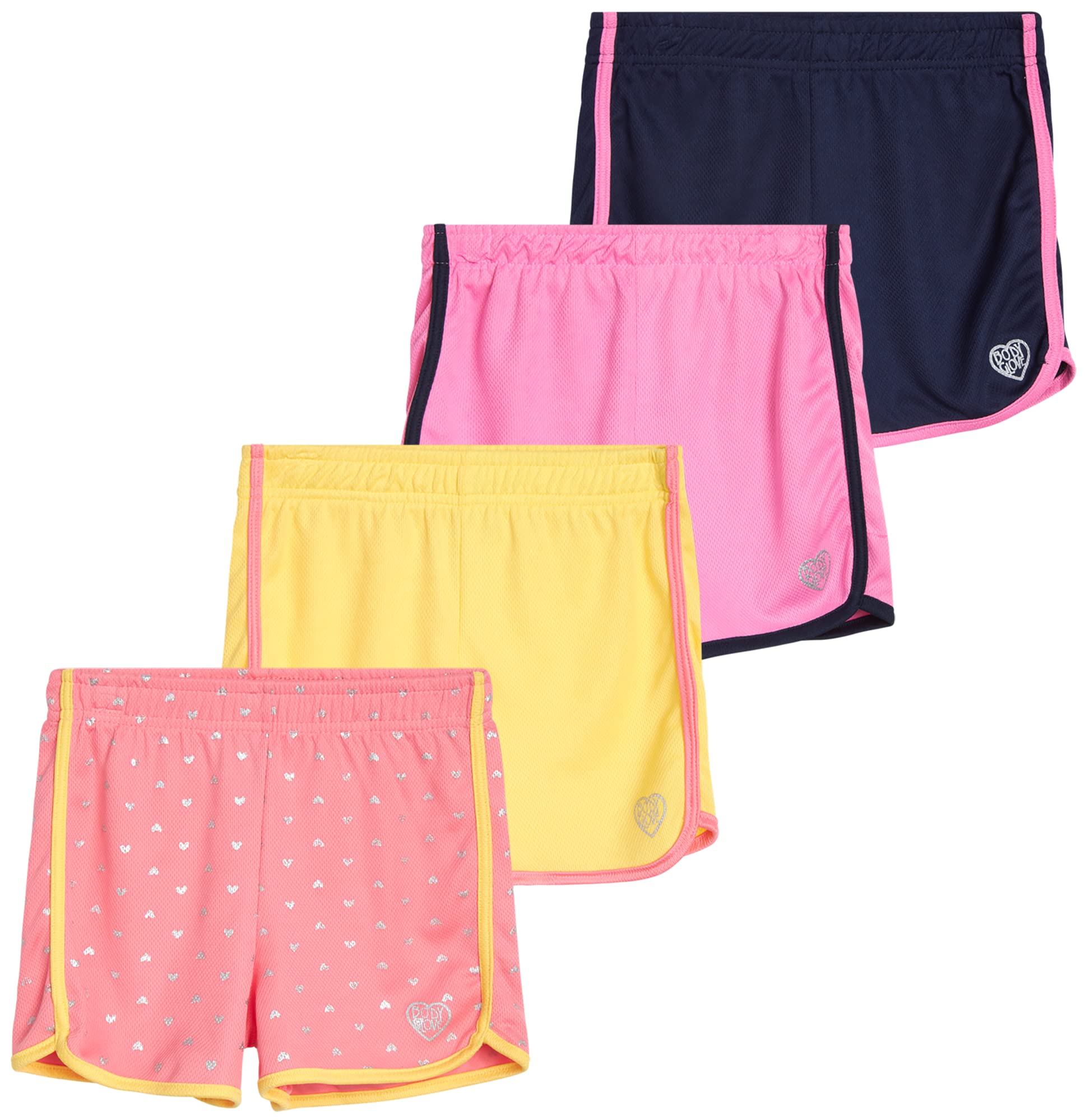 Body Glove Girls' Active Shorts - 4 Pack Mesh Athletic Performance Gym Dolphin Shorts (7-12), Size 10, Coral/Yellow/Navy/Pink
